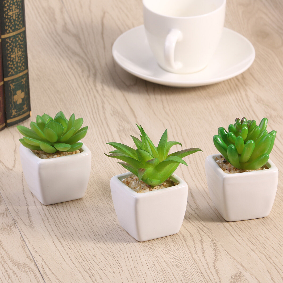 HEATSHAKING 3Pcs Mini Ceramic Planter with Faux Potted Succulent for ...