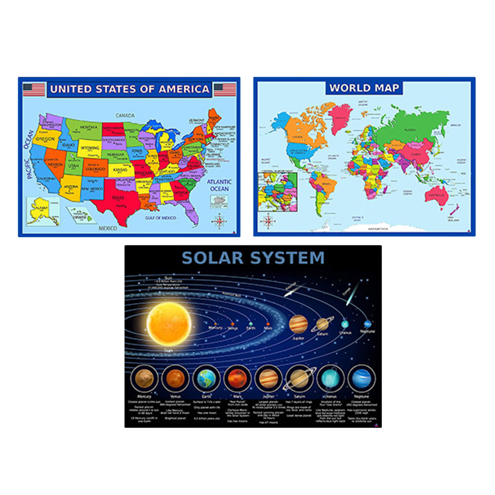 HEATSHAKING 3Pcs World and Solar System Maps Continents Poster Set for ...