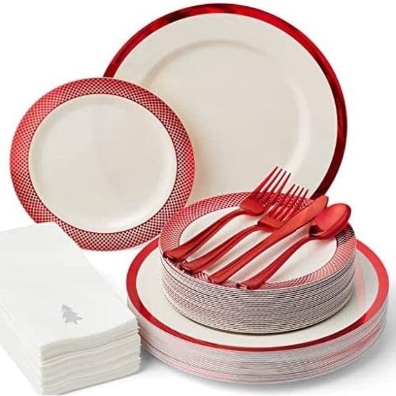 HEAVYWEIGHT 175 Pc Ivory with Red Trim Plastic Disposable Dinnerware ...