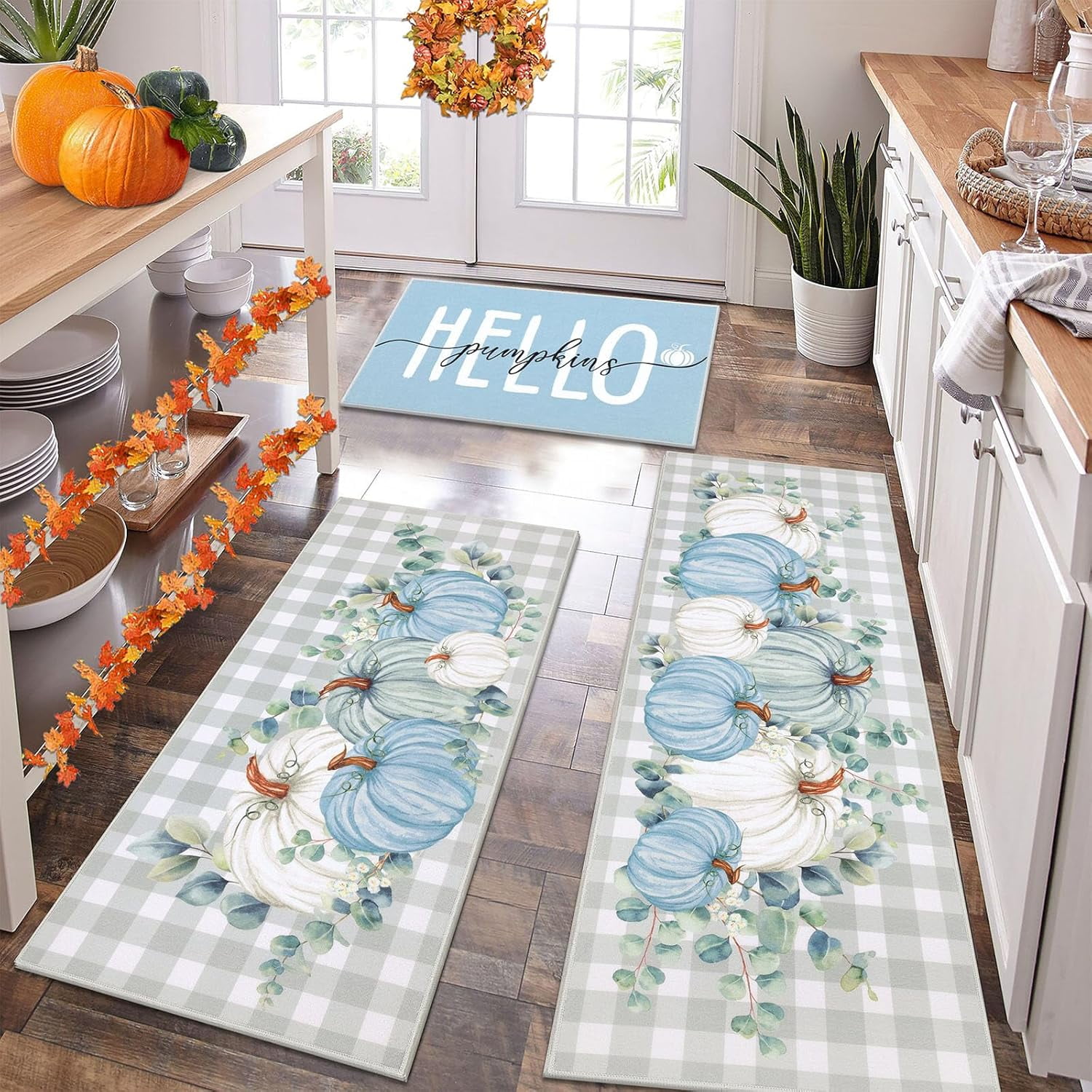 HEBE Fall Kitchen Rugs Sets of 3 Non Slip Farmhouse Buffalo Plaid ...