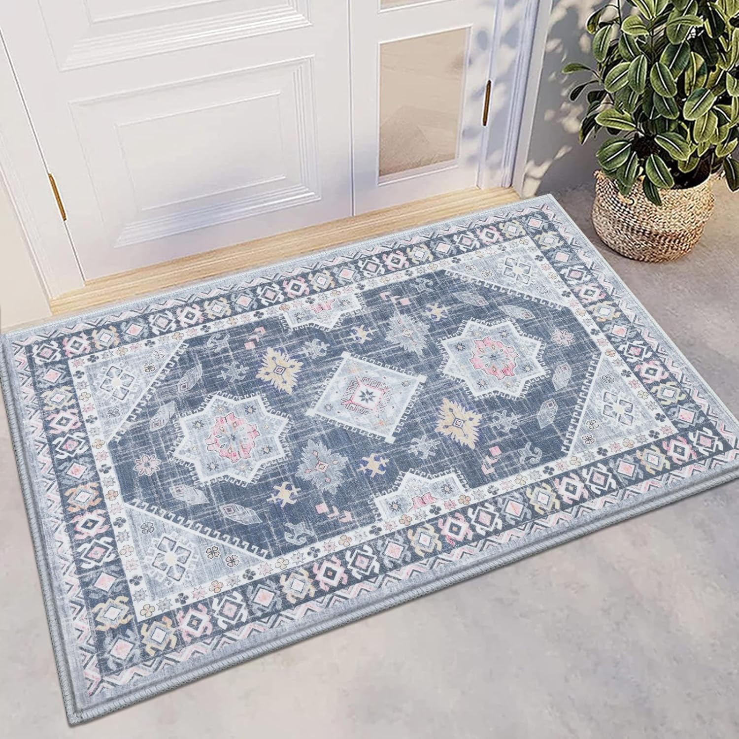 HEBE Washable Area Rug 2x3 Entry Rug Soft Distressed Area Rugs Non Slip ...