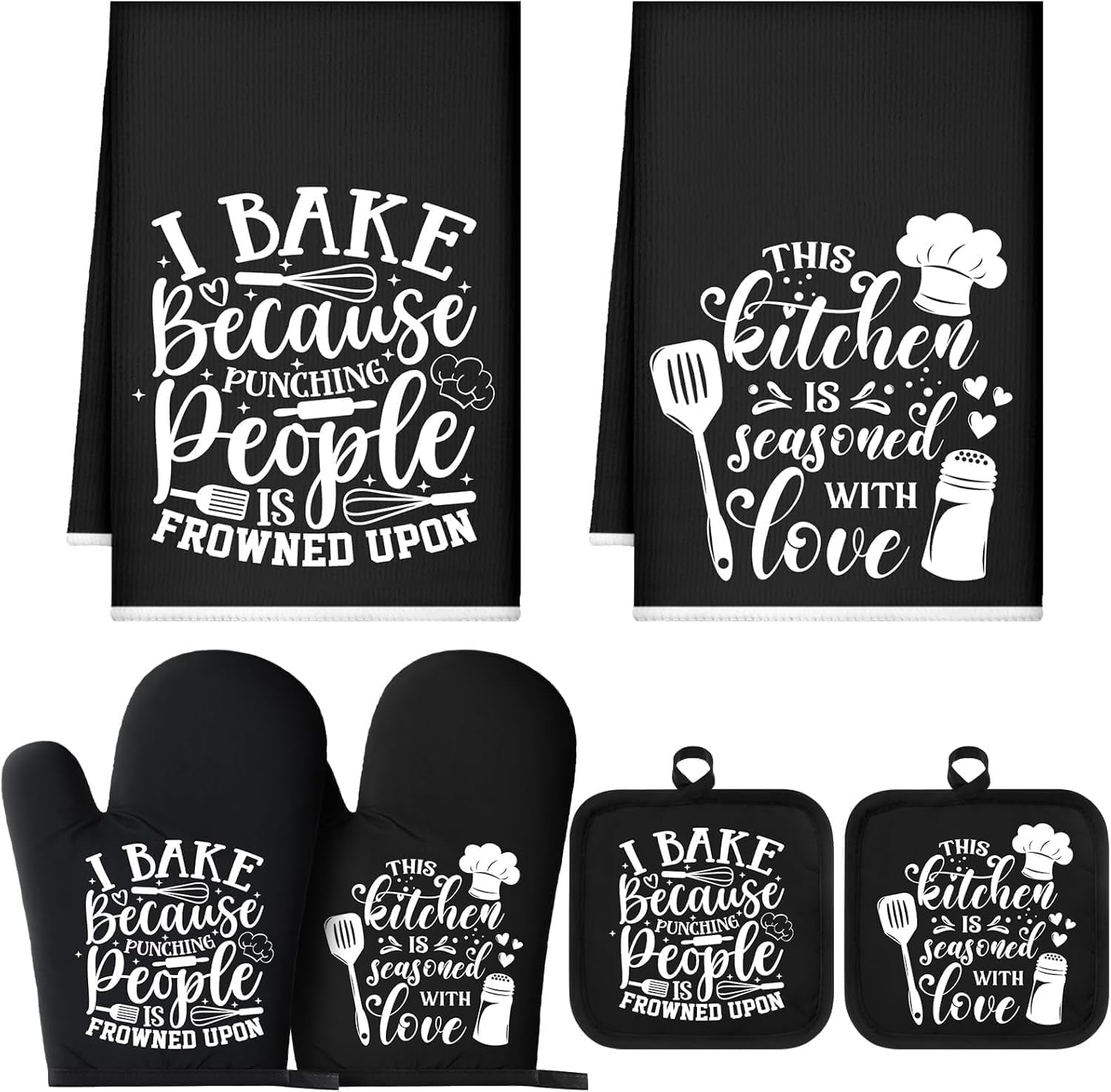 HEETLY Farmhouse Kitchen Starter Set, 6-Piece with Oven Mitts & Towels ...