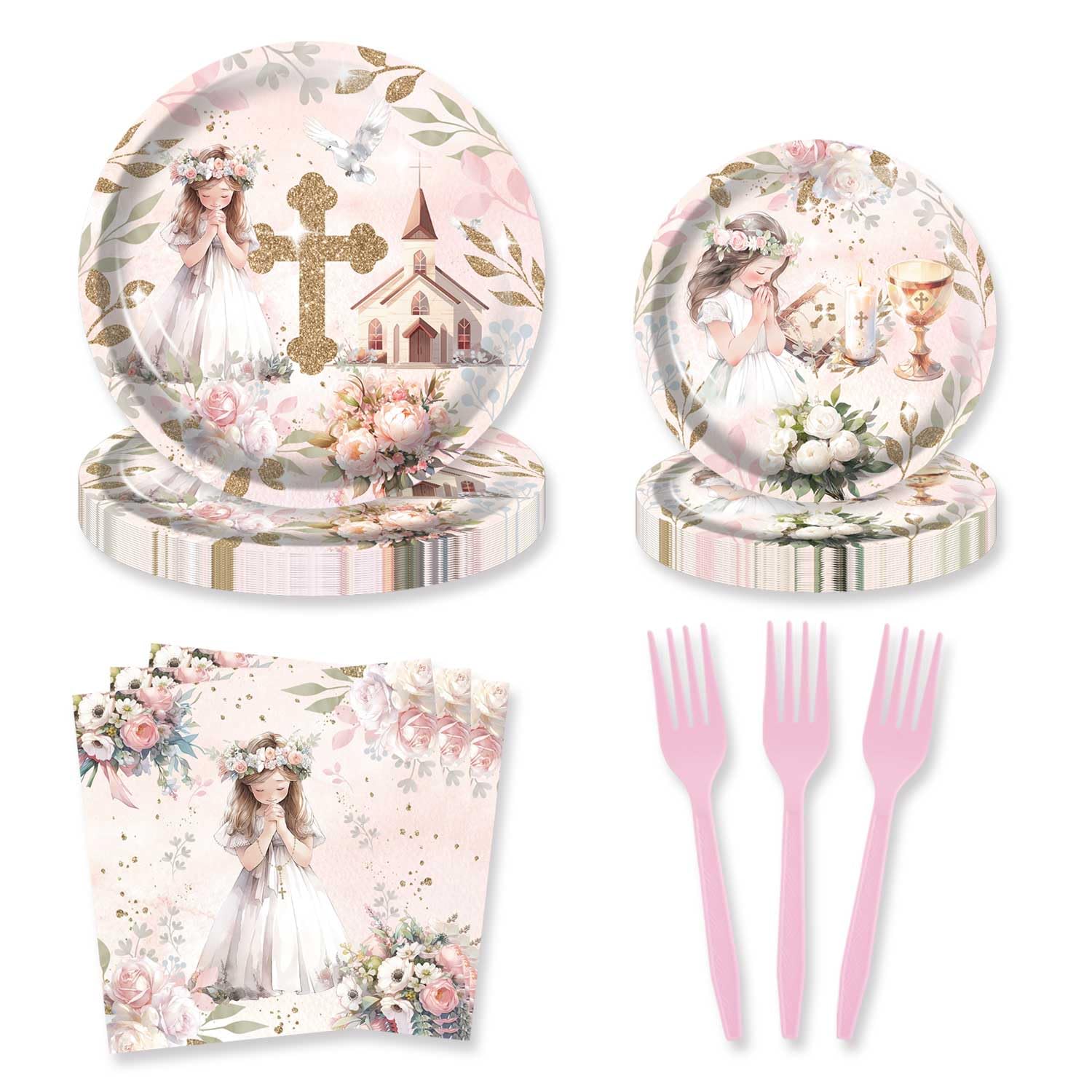 HEETON 80Pcs Pink God MMF7 Bless First Communion Party Supplies Plates ...