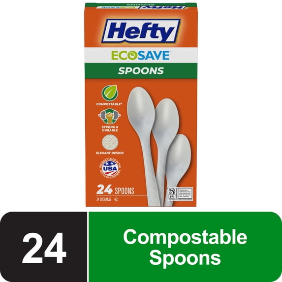 Hefty ECOSAVE Compostable Spoons, Disposable Spoon Set, 24 Count ...