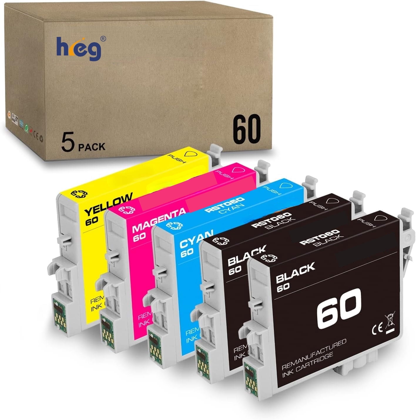 HEG 5 Pack T060 Ink Cartridge Replacement for Epson 60 T060 use for ...