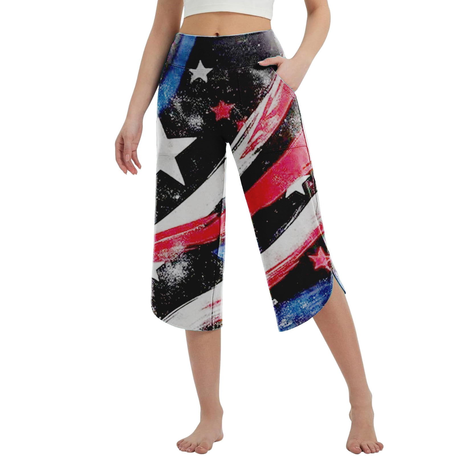 HEILAU 4th of July Capri Pants for Women American Flag Printed High ...