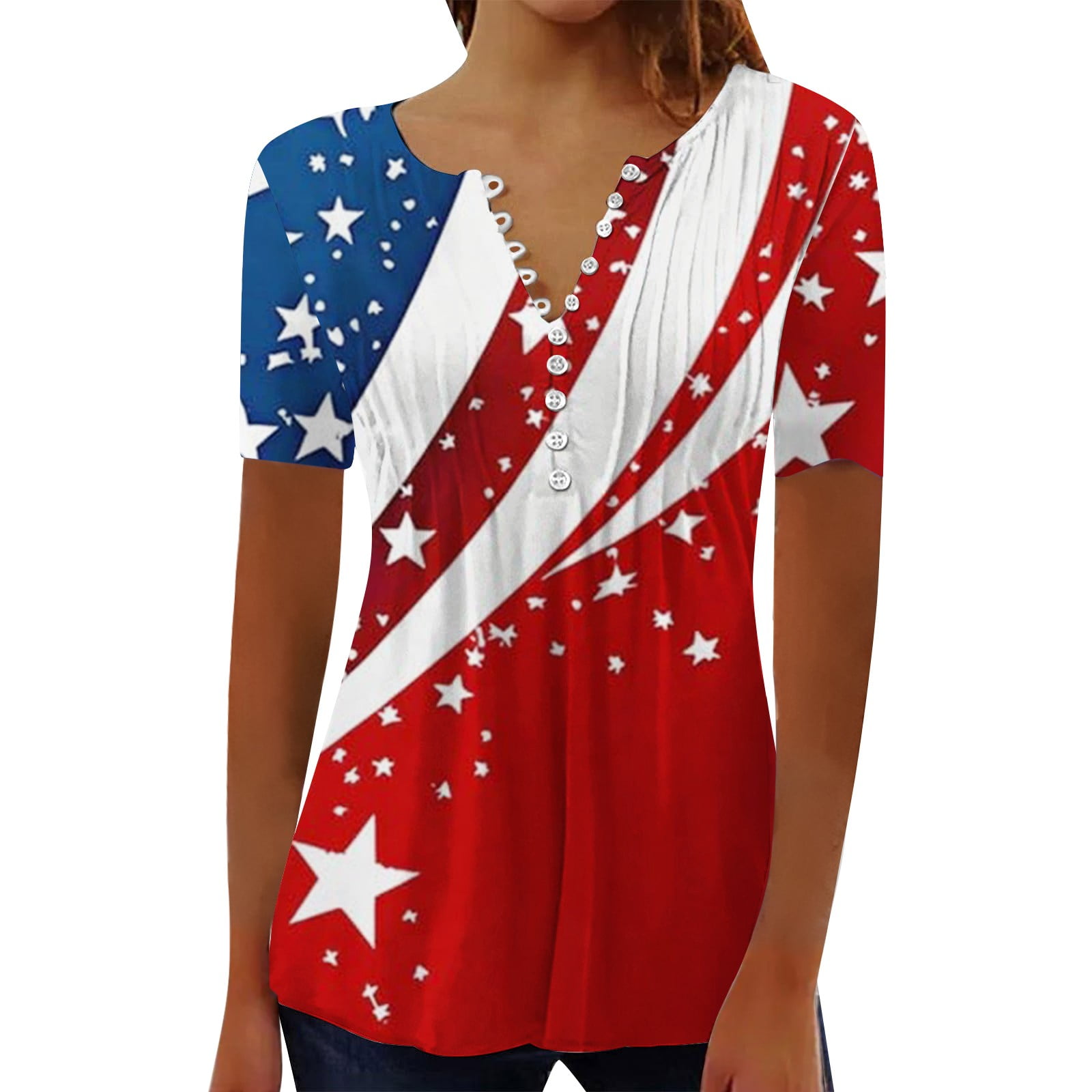 HEILAU American Flag Graphic T Shirts for Women Independence Day Shirt Summer Chest Button ...
