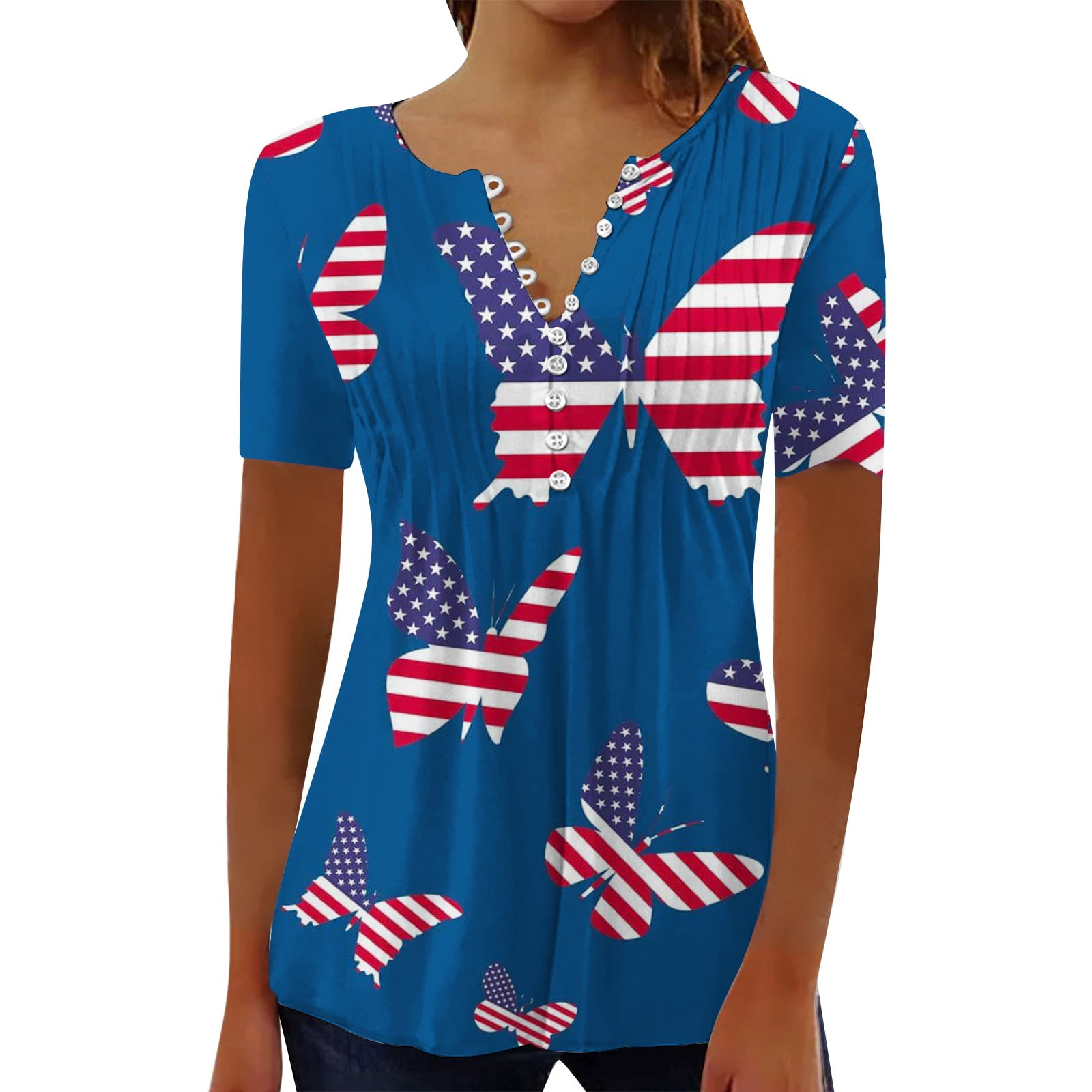 HEILAU American Flag Graphic T Shirts for Women Independence Day Shirt Summer Chest Button ...