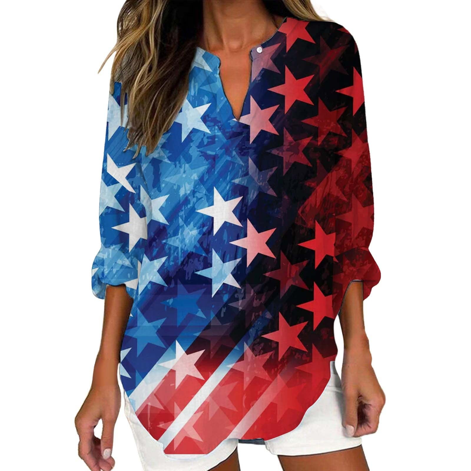 HEILAU Independence Day Shirts for Women Long Sleeve Linen Tops ...