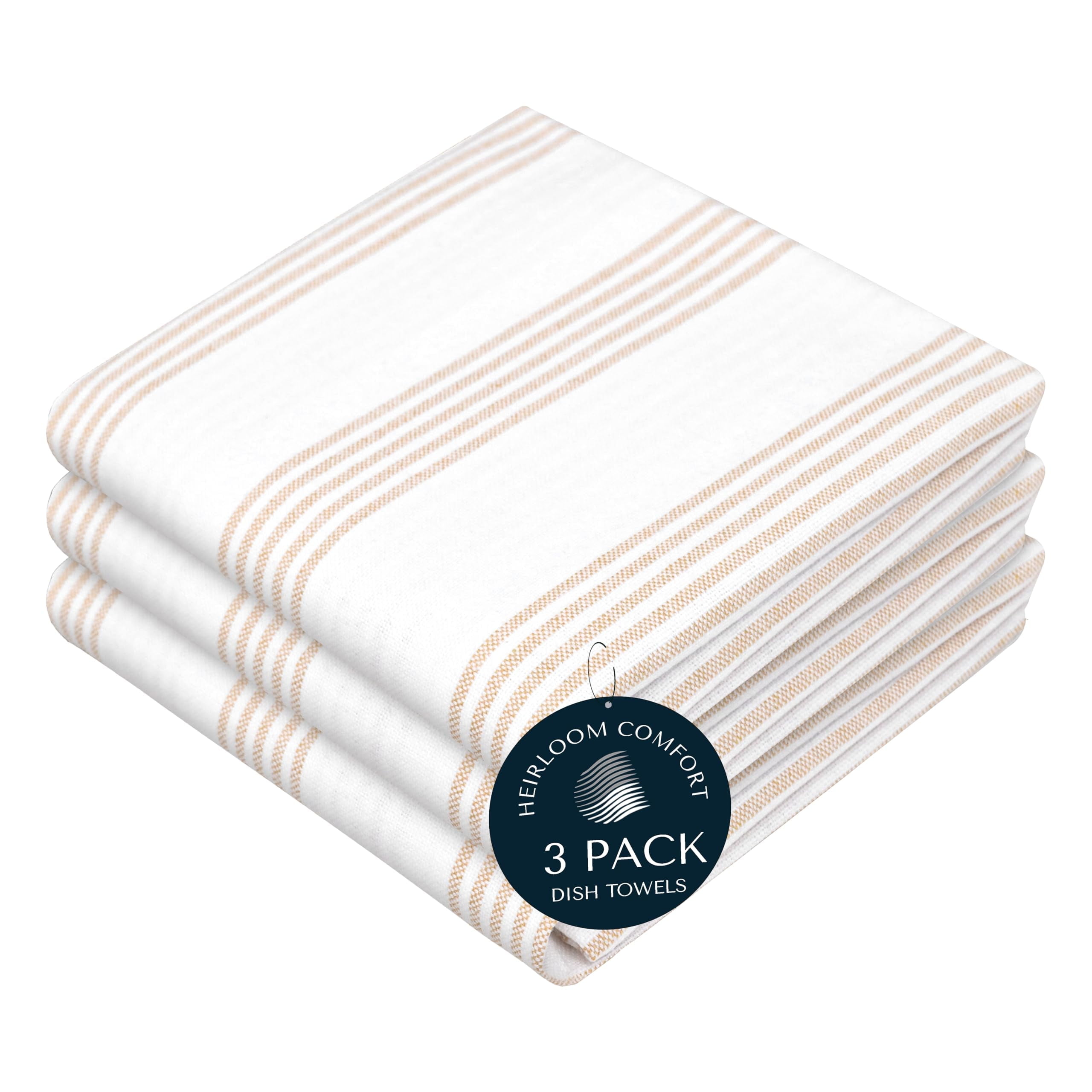 HEIRLOOM COMFORT Beige Stripe Kitchen Towels, 3 Pack, 100% Cotton ...