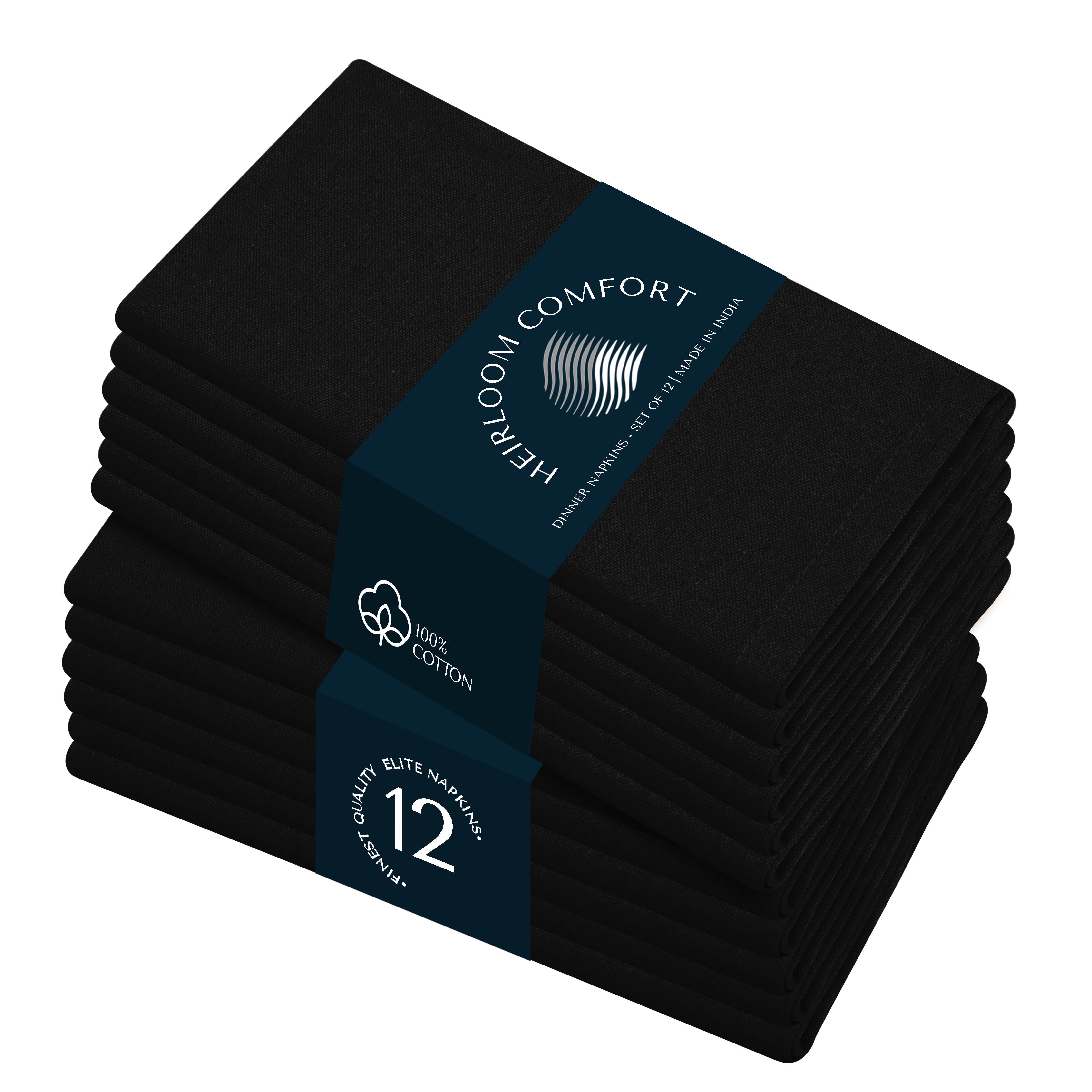 HEIRLOOM COMFORT Black Cloth Napkins 17 x 17 Inch - Set of 12 - 100% Cotton, Absorbent, Washable ...