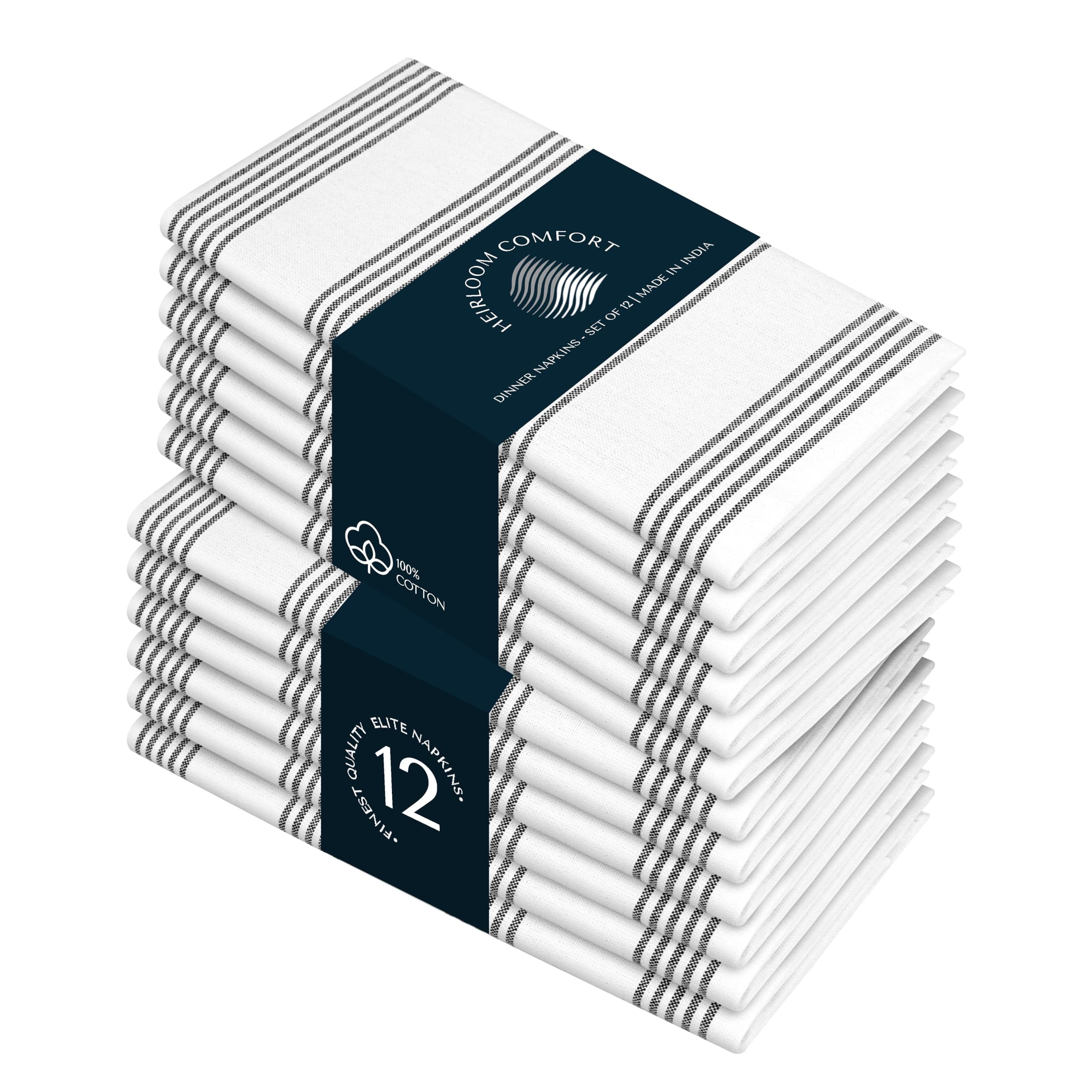 HEIRLOOM COMFORT Black Stripe Cloth Napkins Set of 12, 18x18 Inch, 100% Cotton, Multi Pin ...