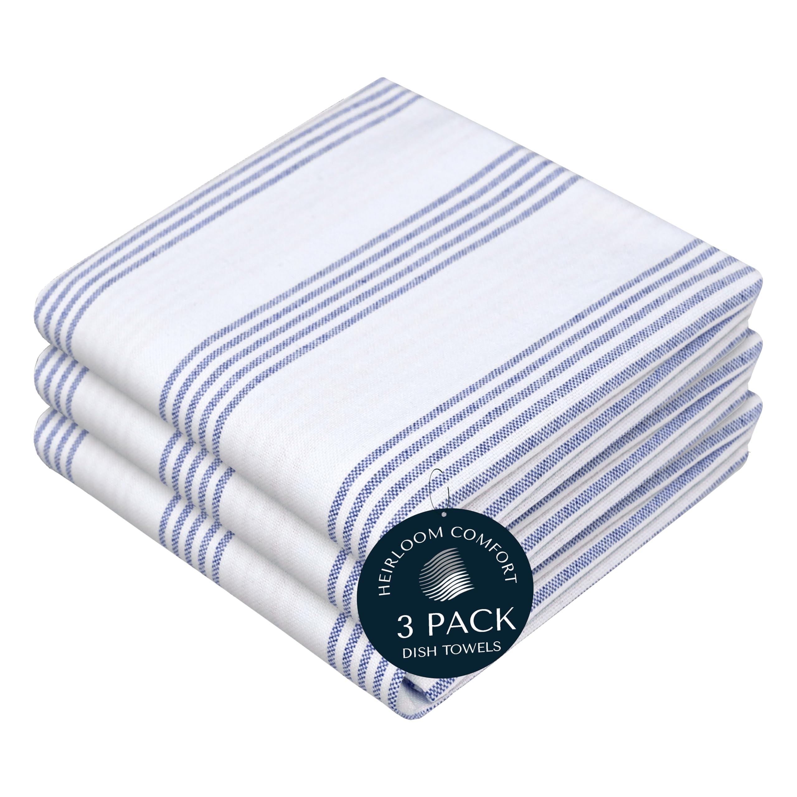 HEIRLOOM COMFORT Indigo Blue Stripe Kitchen Towels, 3 Pack, 100% Cotton ...