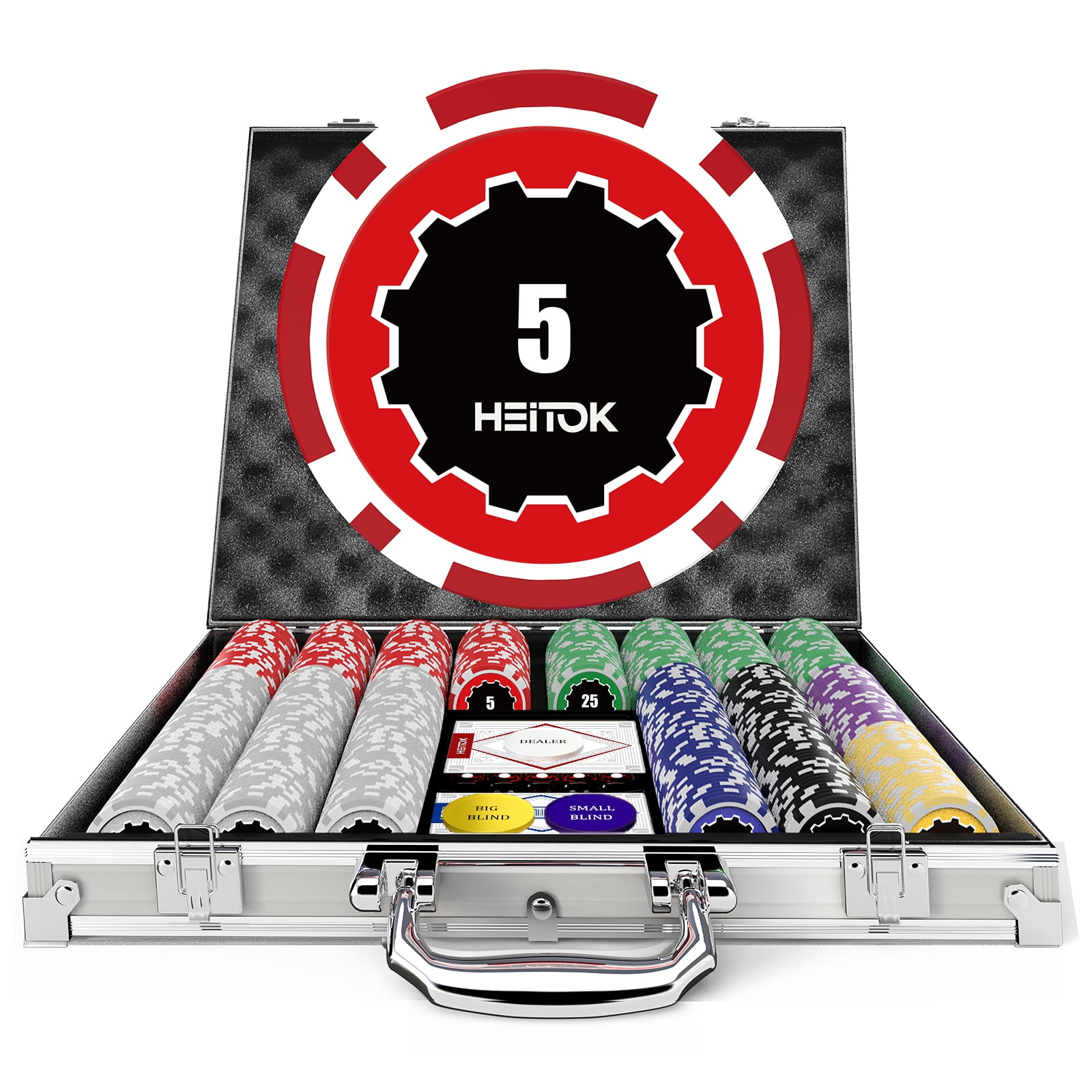 HEITOK 500PCS Casino Poker Set: Numbered Chips, Cards, Dealer Buttons ...