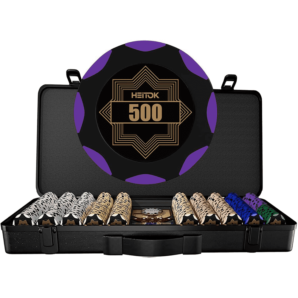 HEITOK Poker Chip Set - 14g Clay Composite, 5 Dice, 2 Decks, Black Case ...