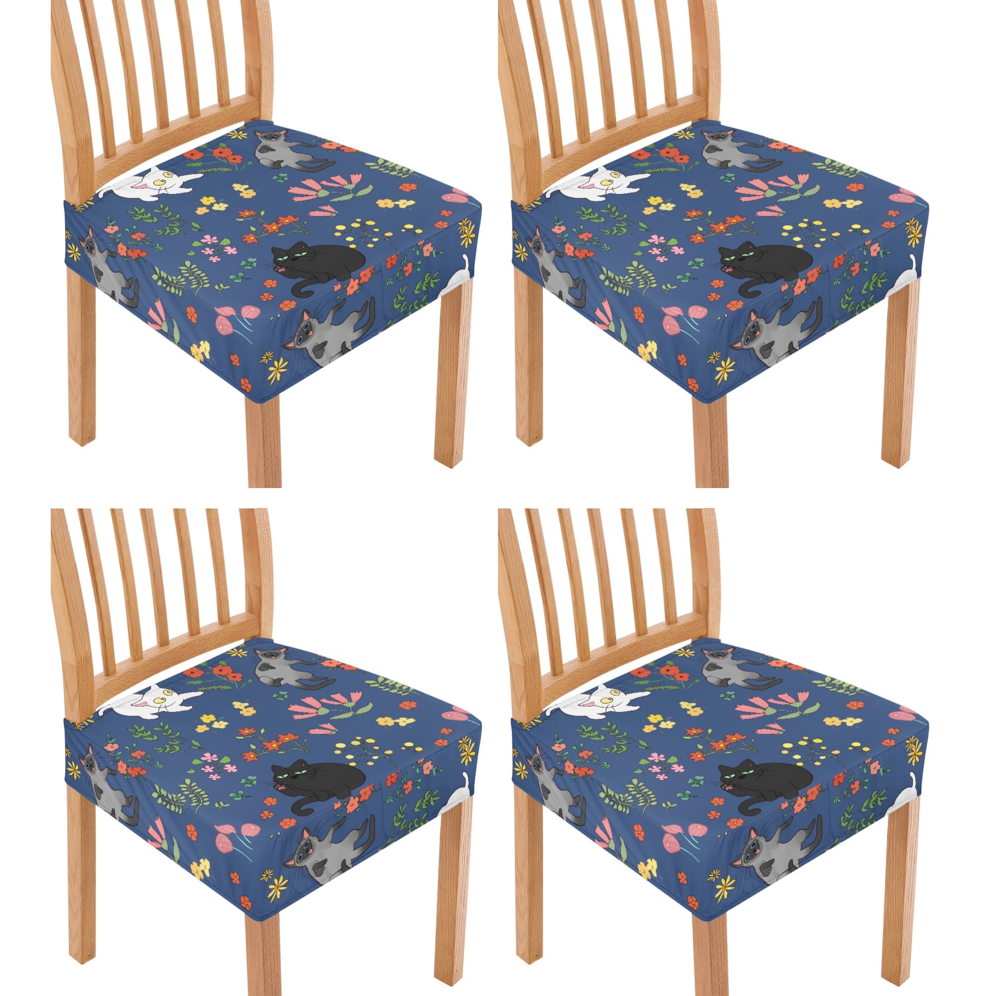 HELLHERO Cat Flower Print Dining Chair Seat Covers Set of 4, Decorative ...
