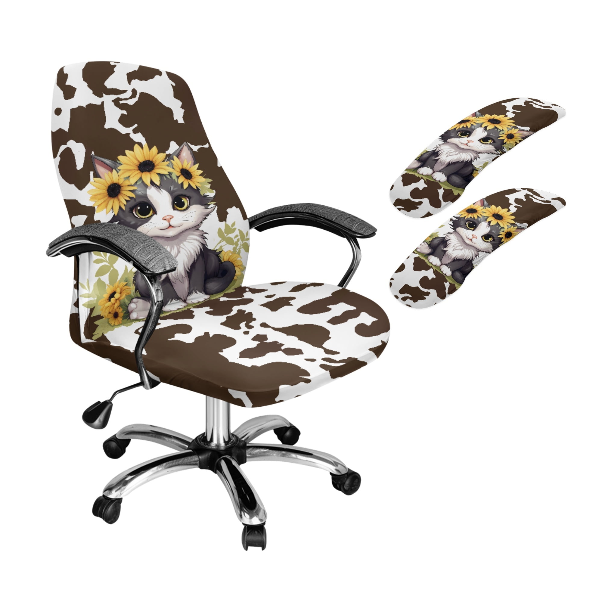 HELLHERO Cat Sunflower Print Office Chair Cover with Armrest Covers ...
