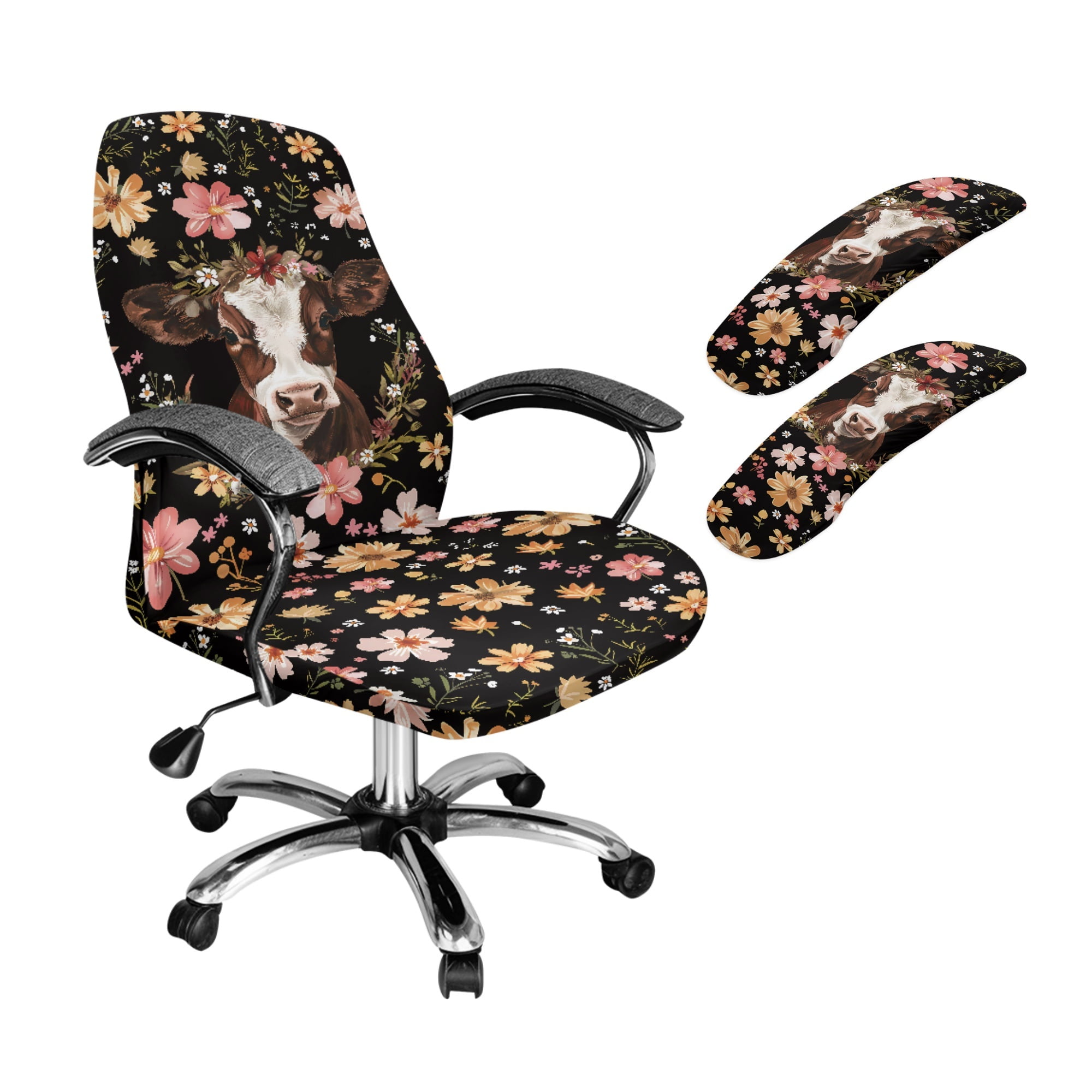 HELLHERO Cow Daisy Print Office Chair Cover with Armrest Covers, Easy ...
