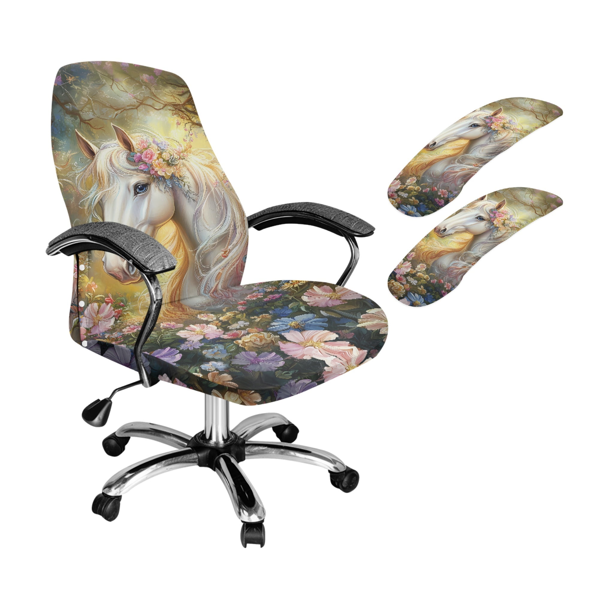 HELLHERO Horse Flower Print Office Chair Cover with Armrest Covers ...