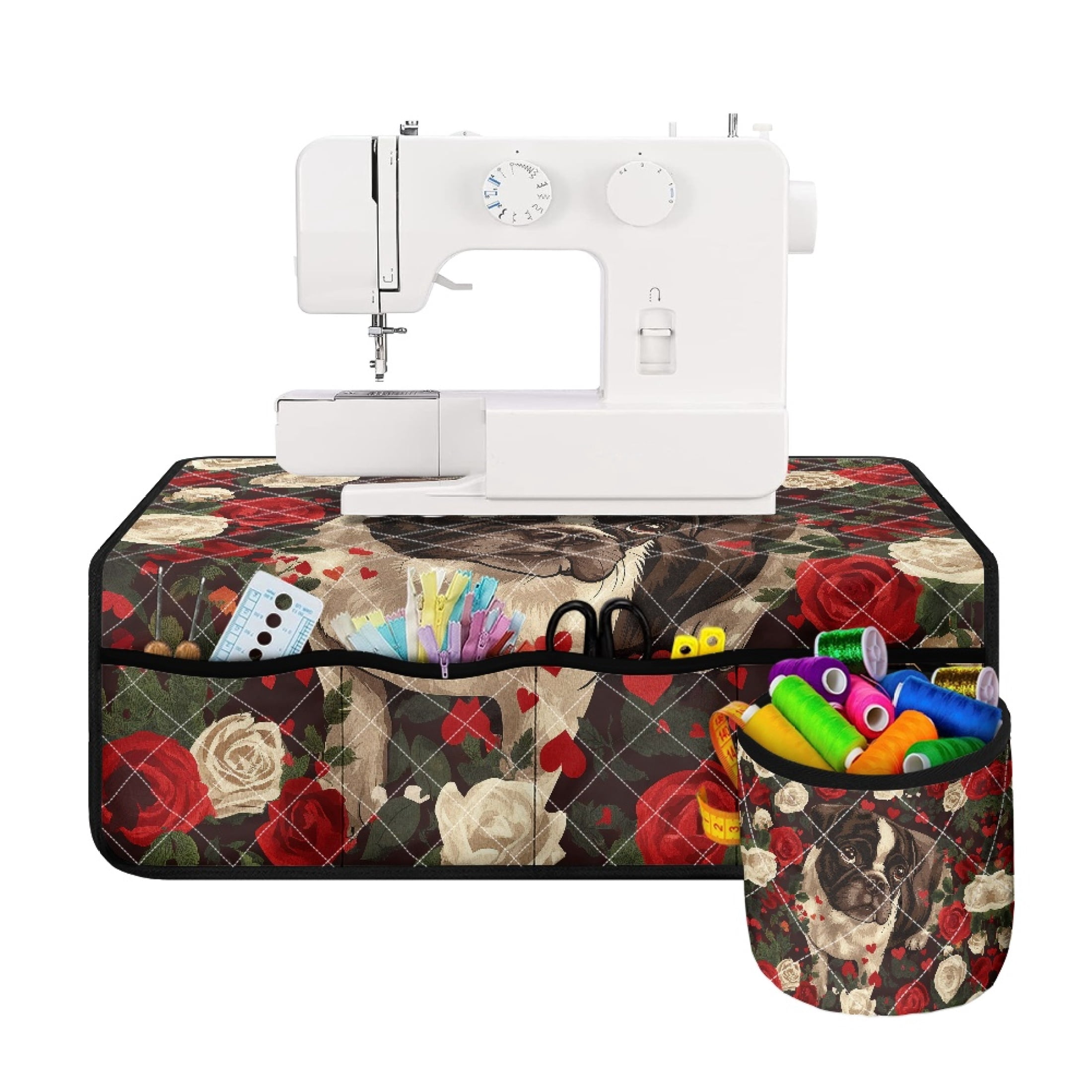 HELLHERO Pug Red Roses Sewing Machine Pad with Storage Cylinder ...