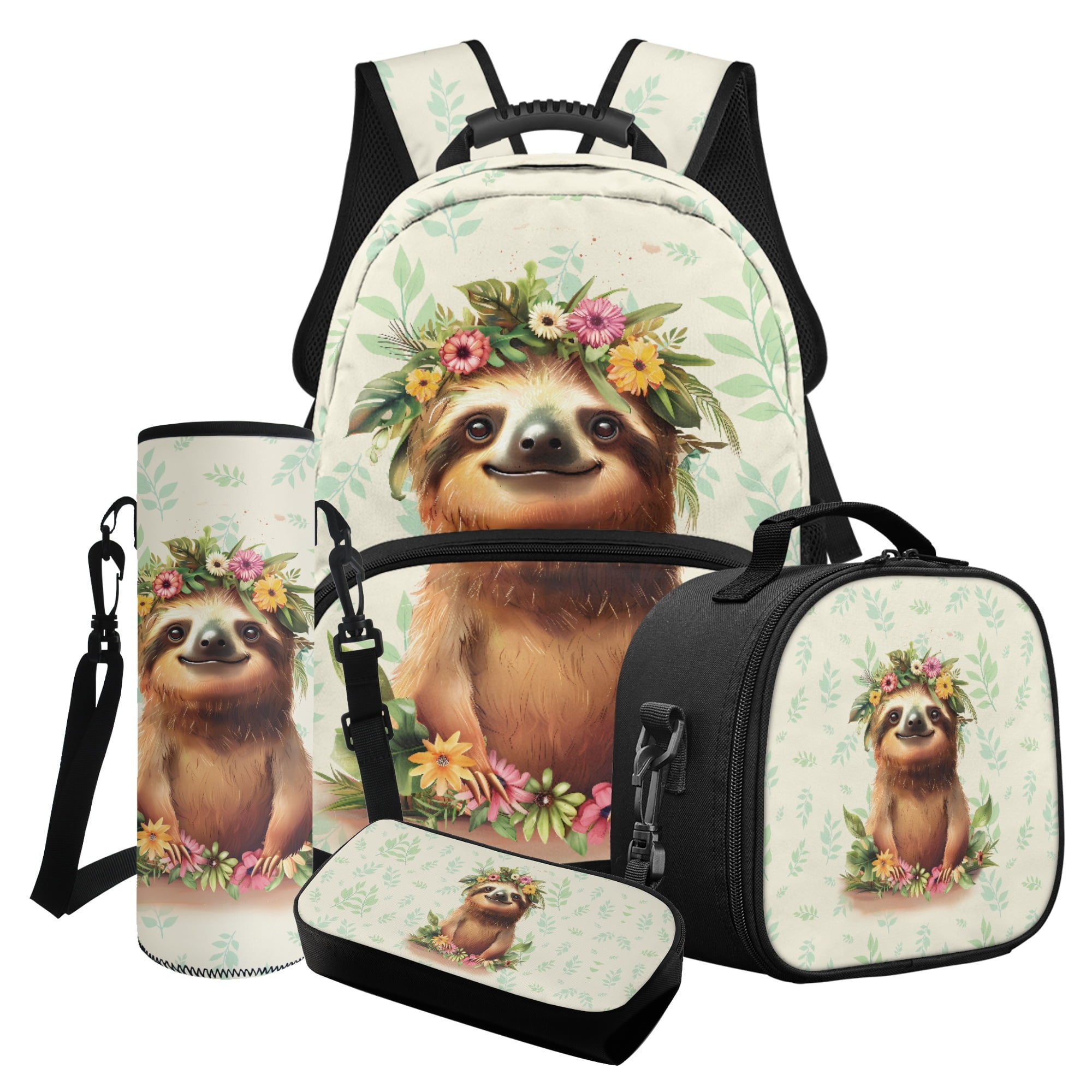 HELLHERO Sloth Print School Bag Set, Flower Print Backpack with ...