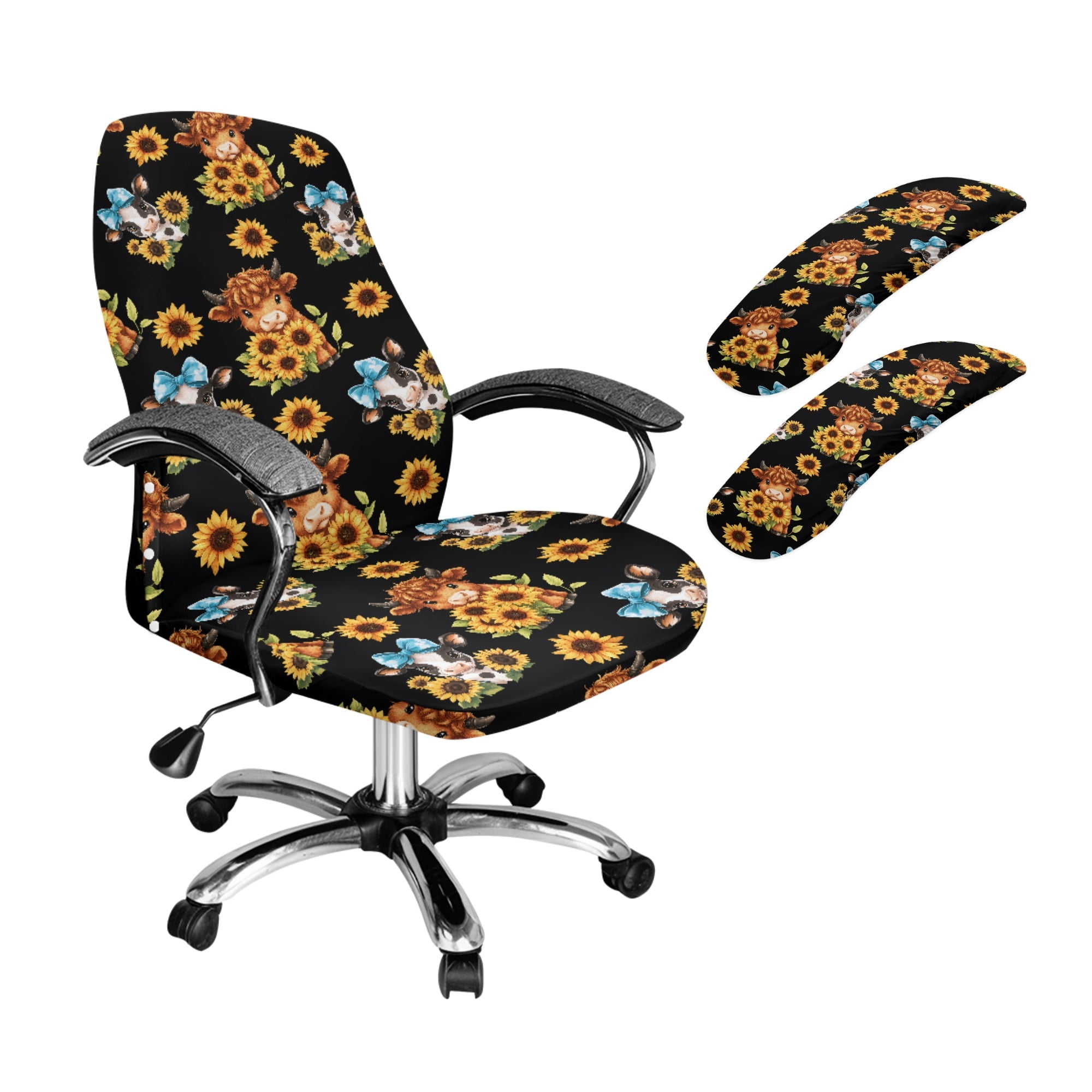 HELLHERO Sunflower Cow Print Office Chair Cover Set, Computer Chair ...