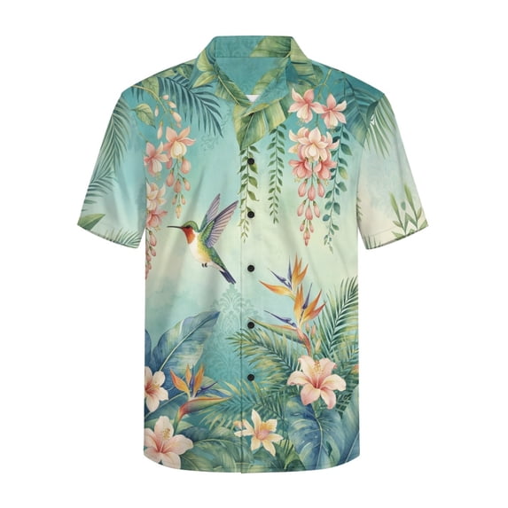 HELLHERO Tropical Hummingbird Print Durable Men's Short Sleeve Button ...