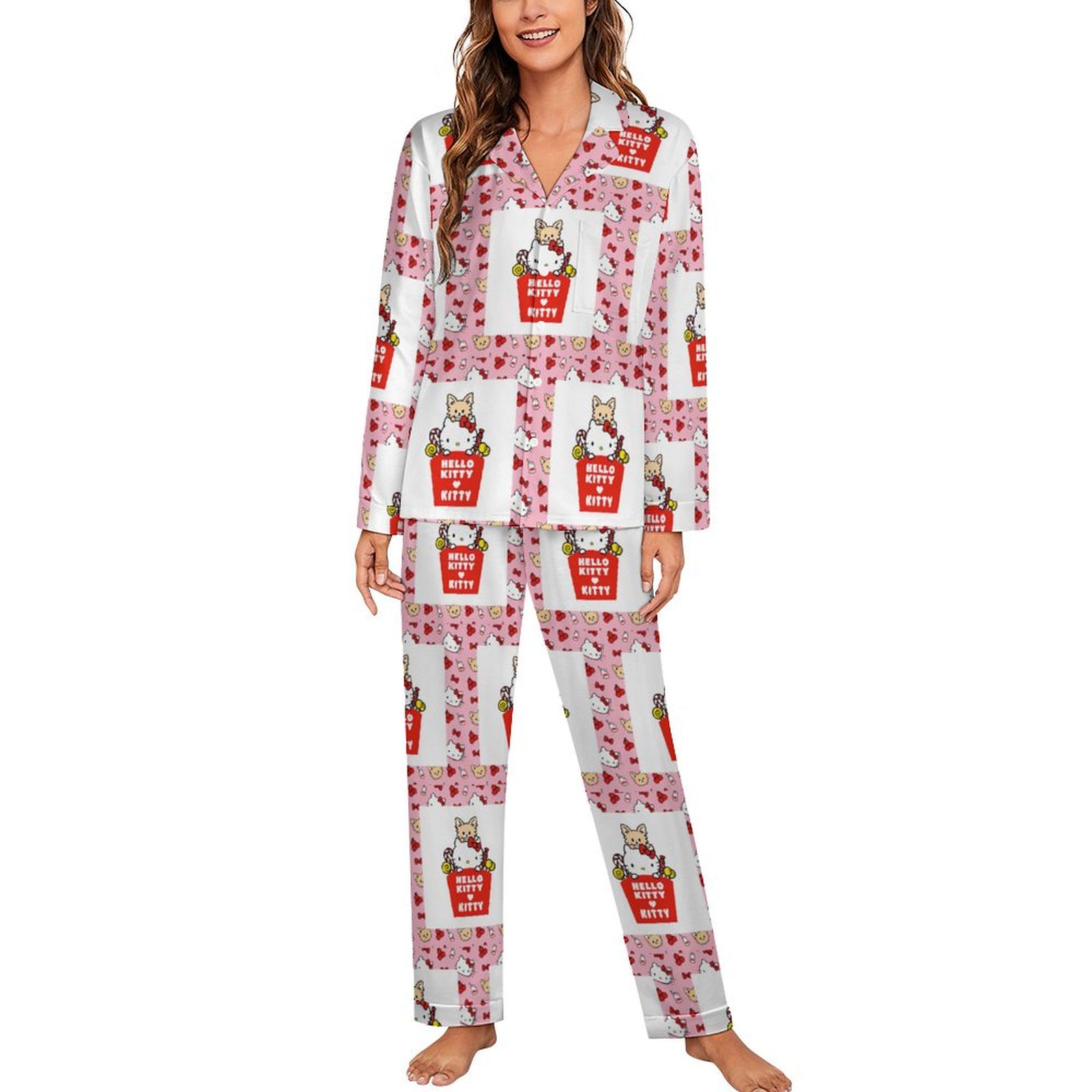 HELLO KITTY KITTY Womens Pajama Sets Cotton Pj Set Cute Long Sleeve ...