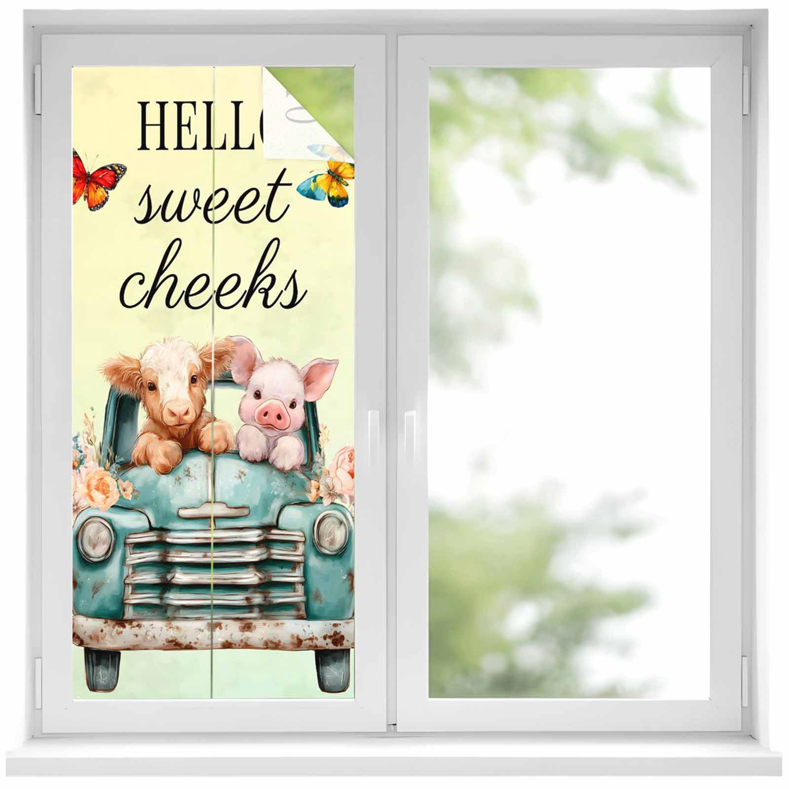 HELLO Sweet Cheeks Window Privacy Film, Flower Cars Cows Pigs Yellow ...