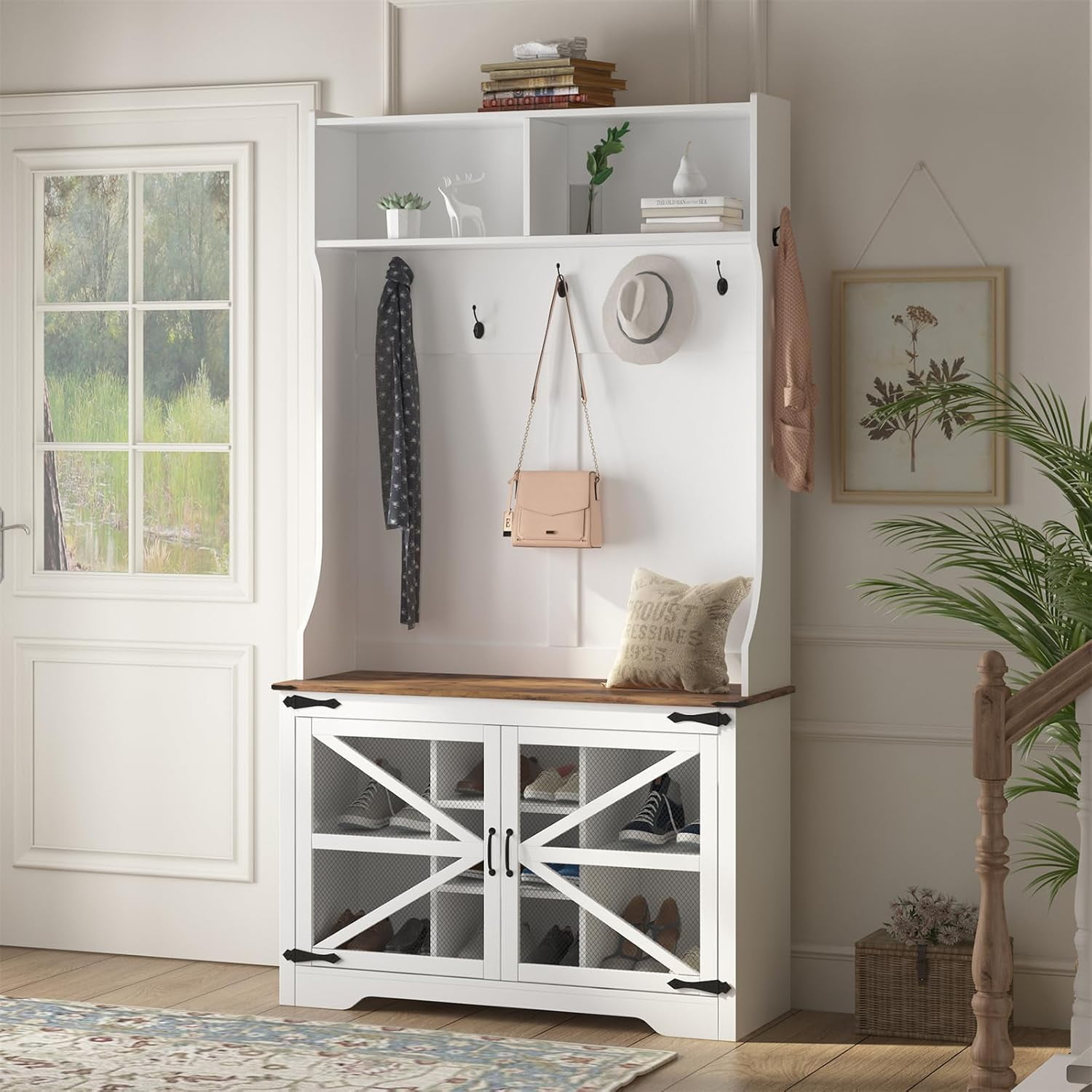 HELLONE Hall Tree with Bench and Shoe Storage, 4-in-1 Farmhouse ...