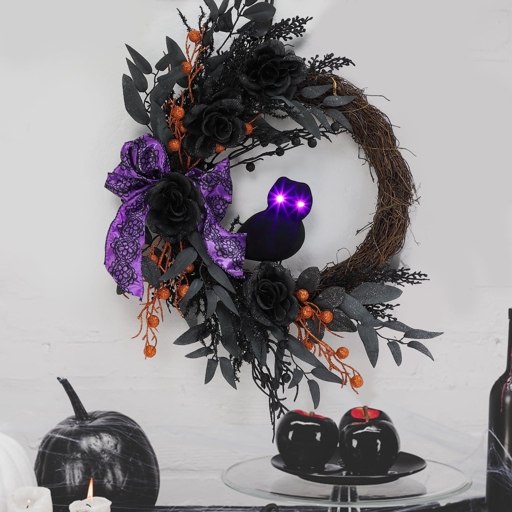 HELLONE Halloween Wreath with Lights, 20 Inch Front Door Halloween ...