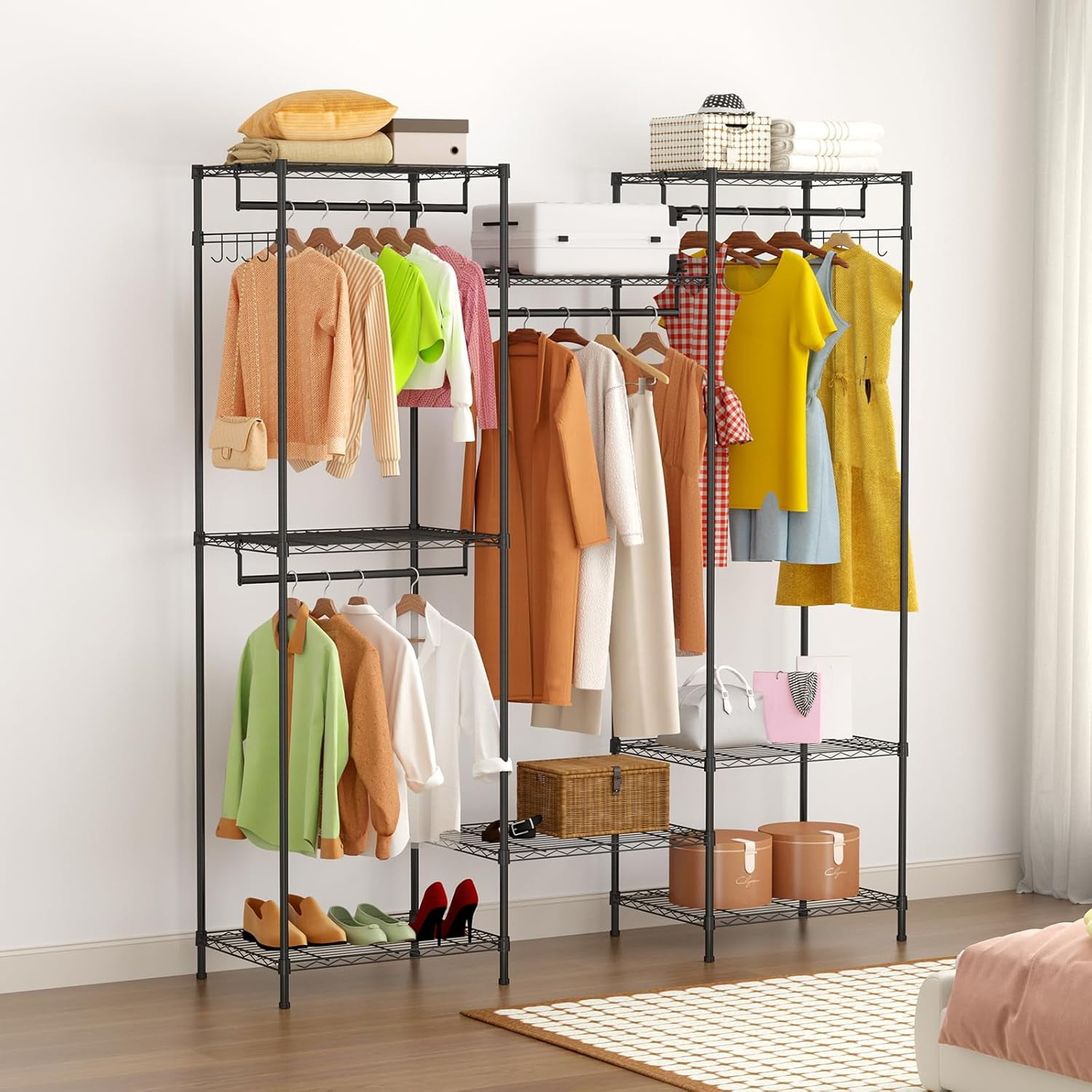 HELLONE Heavy Duty Garment Rack, Clothes Rack with Adjustable Shelves ...