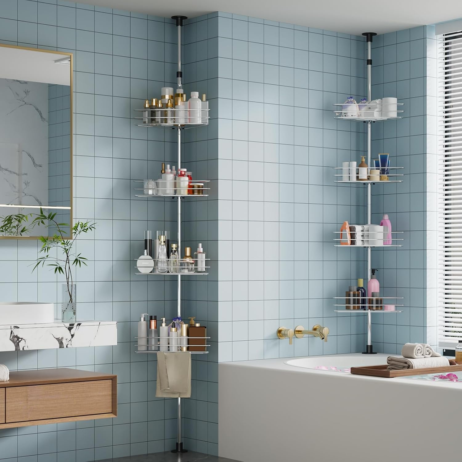 HELLONE Tension Pole Shower Caddy, Corner Shower Caddies with 4 Basket ...