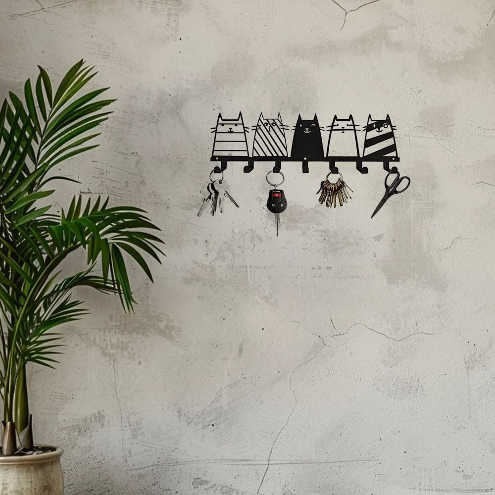 HELLOYOUNG 13.74 - Inch Rust Resistant Cat Hooks Five Cats Iron Painting 7 - Hook Key Rack ...