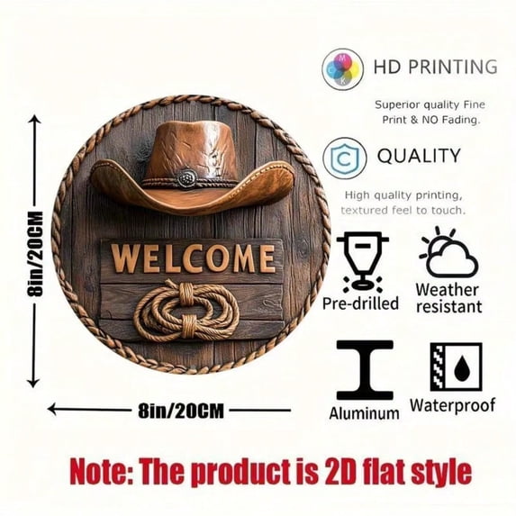 HELLOYOUNG 2D Flat Rustic Welcome Sign with Cowboy Hat Rope, 8x8 Inch ...
