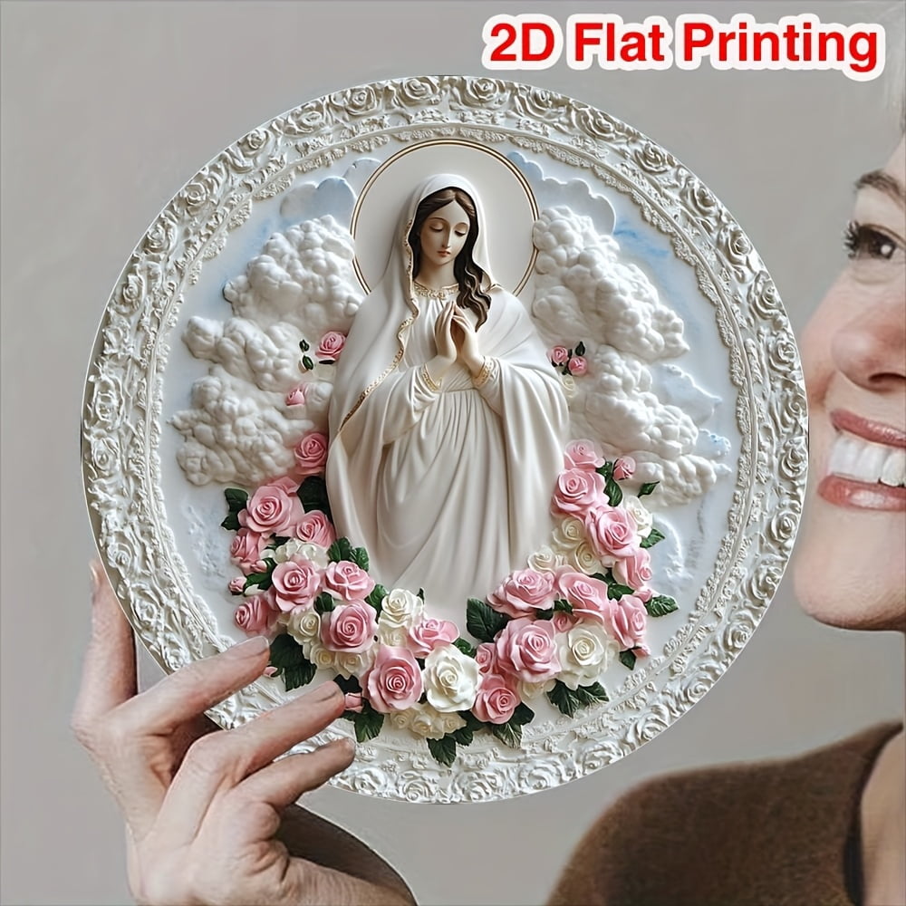 HELLOYOUNG Aluminum Metal Virgin Mary Round Wreath Sign Wall Decor 8x8 ...