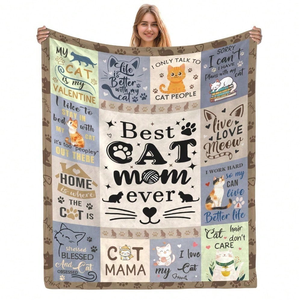 HELLOYOUNG Cat Mom Blanket Cozy Flannel Bedspread with Cat Paw Prints ...