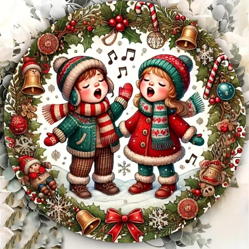HELLOYOUNG Christmas Carols Children Singing Round Metal Wreath Sign ...