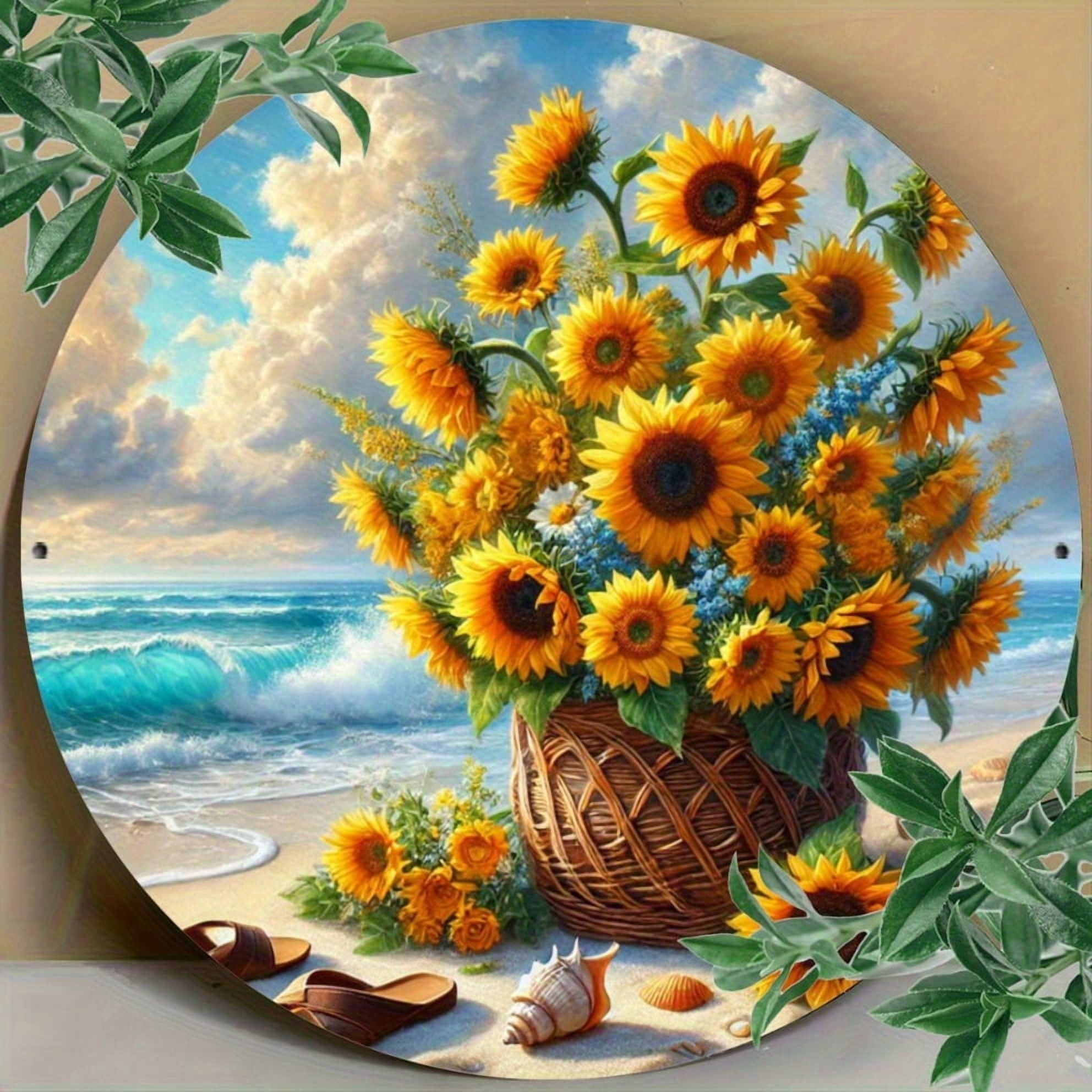 HELLOYOUNG Coastal Sunflower Metal Sign - Beach House Art with Basket ...