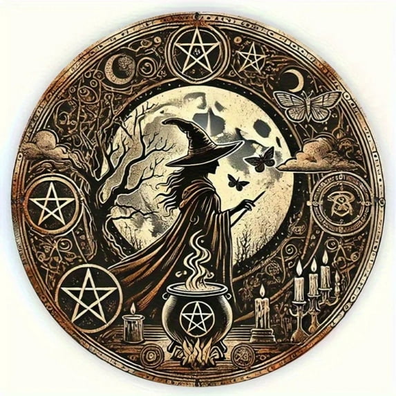 HELLOYOUNG Craft Retro Aluminum Wall Art - Round Witch & Cauldron ...