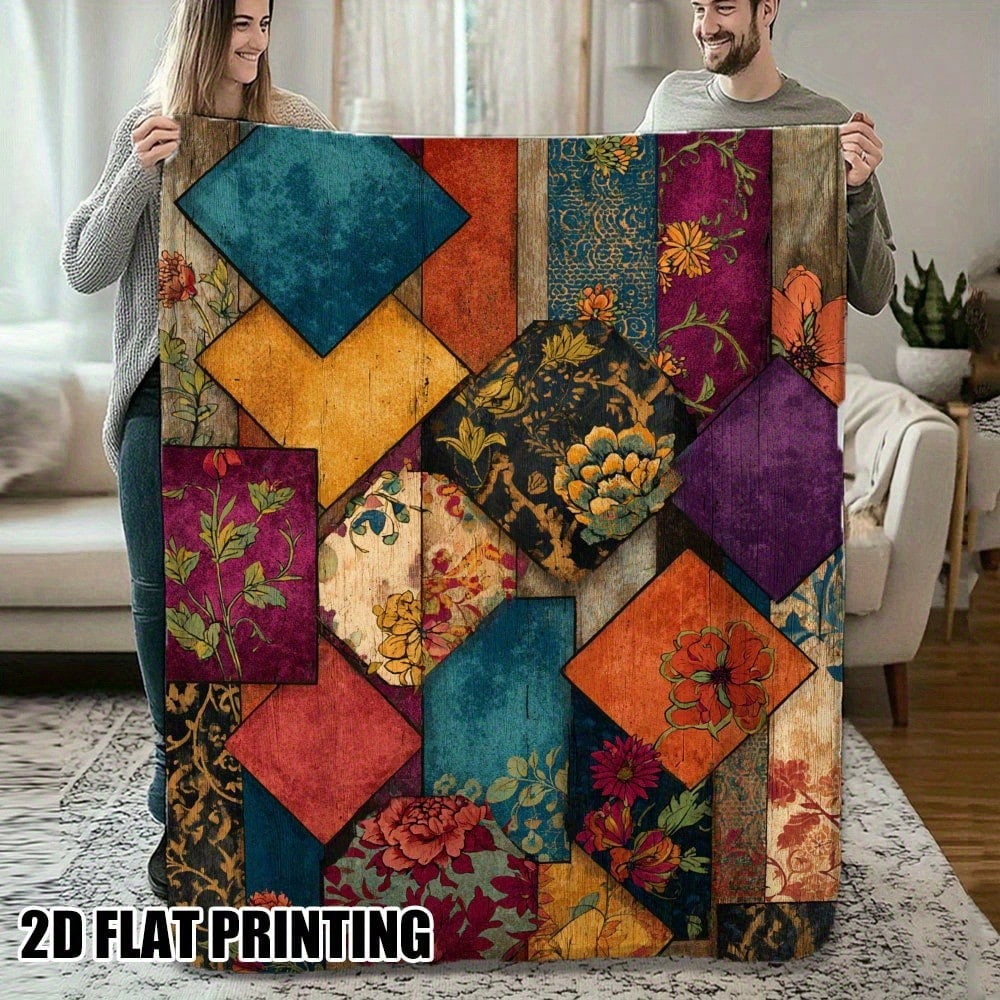 HELLOYOUNG Flannel Throw Blanket, Vintage Floral Patchwork Lightweight ...