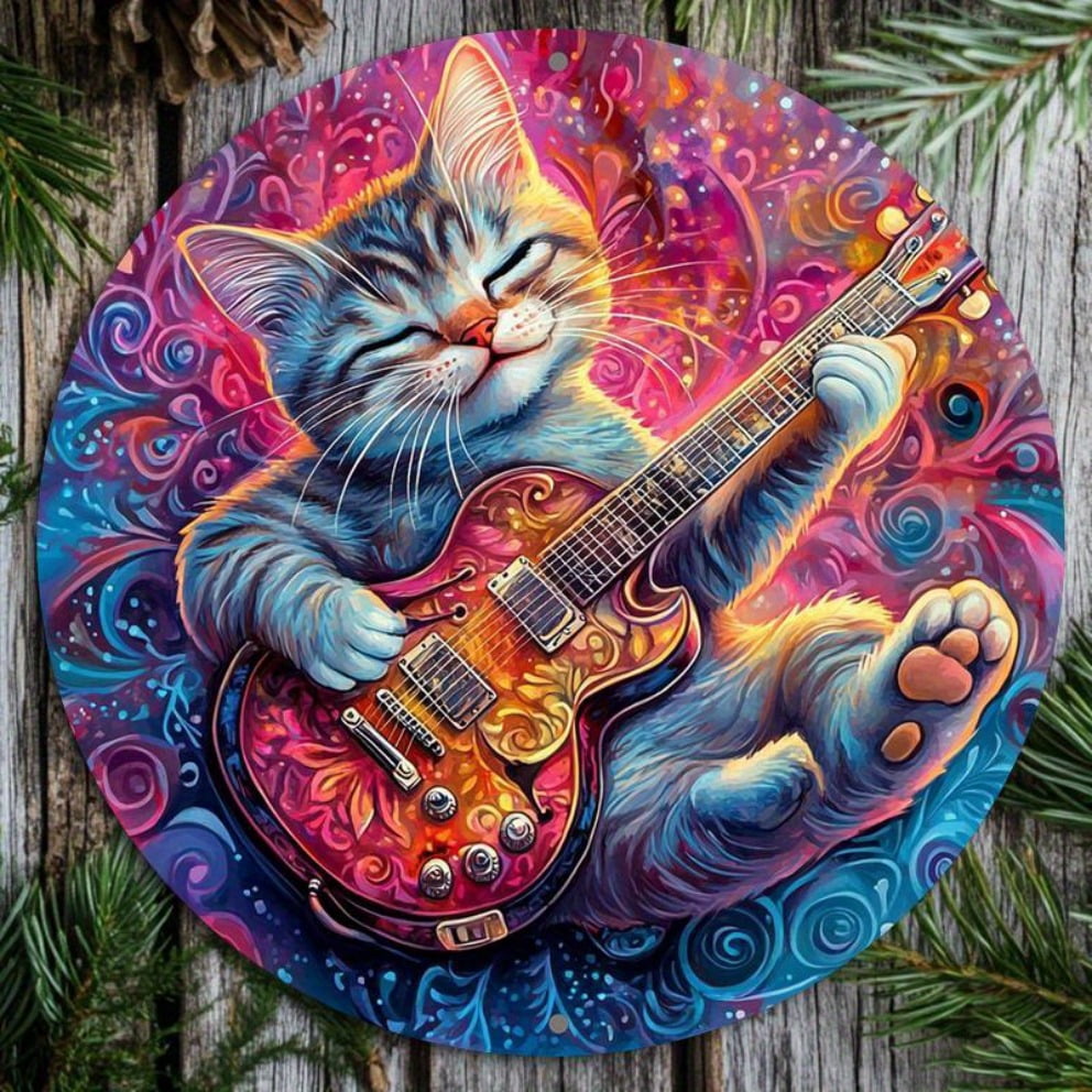HELLOYOUNG Guitar Cat Metal Wall Art Round 8x8 Inch Aluminum Sign ...