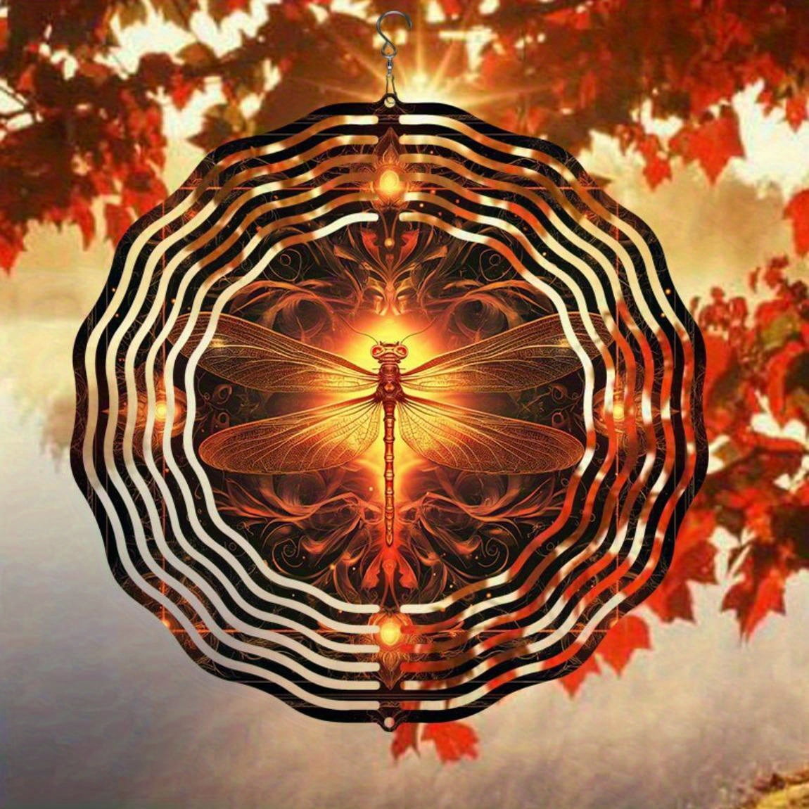HELLOYOUNG Metal Wind Spinner Holographic Laser-Cut 2D Dragonfly Mandala Outdoor Garden Decor ...
