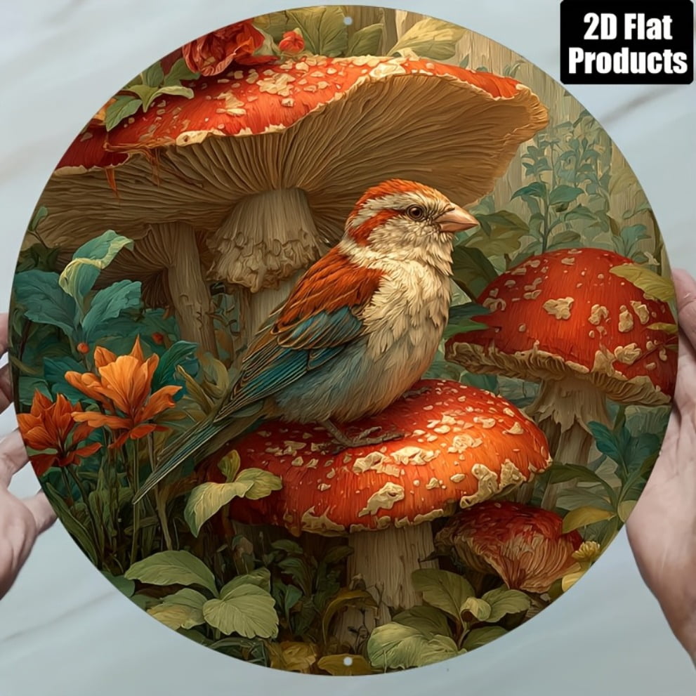 HELLOYOUNG Retro Bird Mushroom Round Aluminum Sign 8x8 Inch Rustic Wall ...
