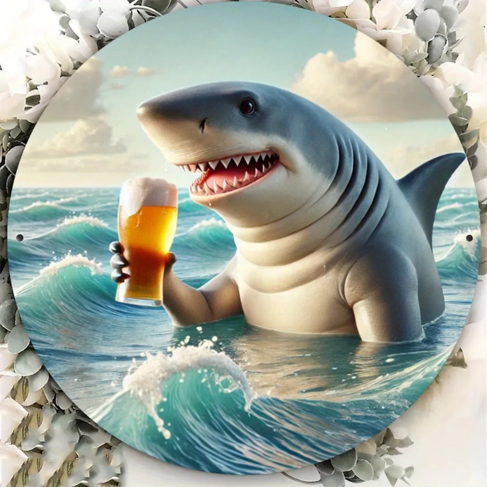 HELLOYOUNG Shark Drinking Beer Metal Wall Art Round Iron Sign Nautical ...
