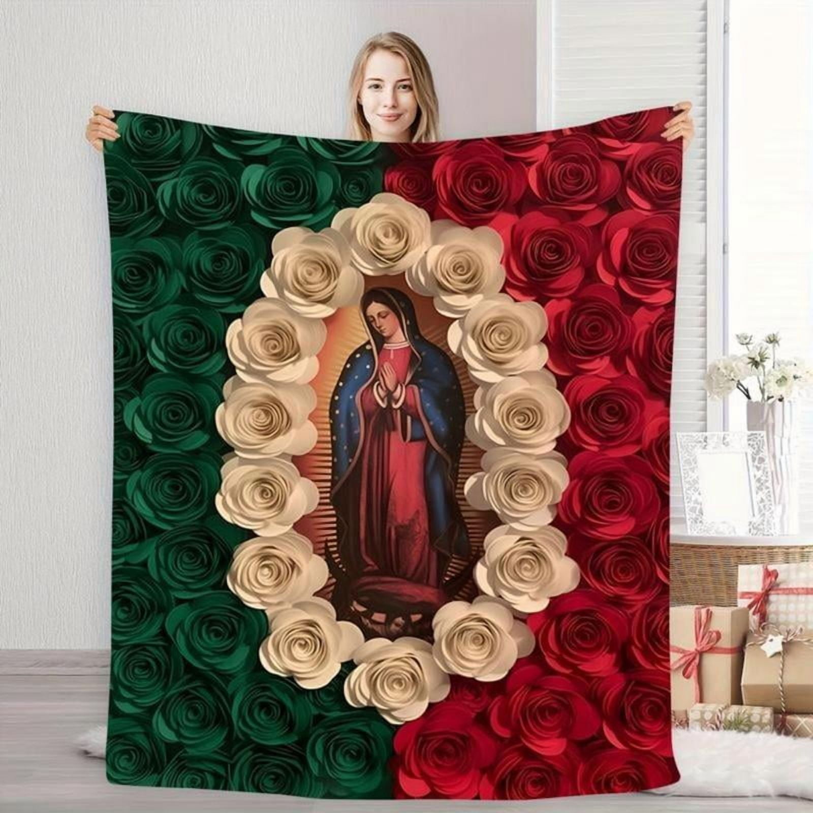 HELLOYOUNG Soft Flannel Blanket Virgin Mary and Rose Design Comfortable ...