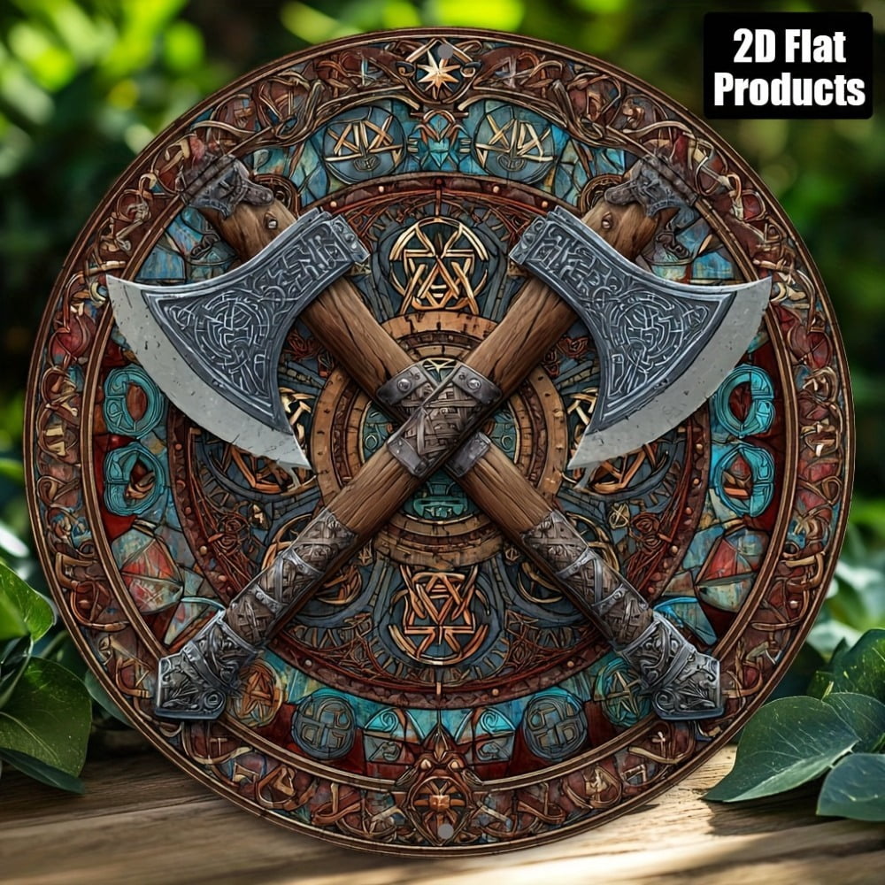 HELLOYOUNG Viking Axe Metal Wall Decor 8x8 Inch Circular Aluminum ...