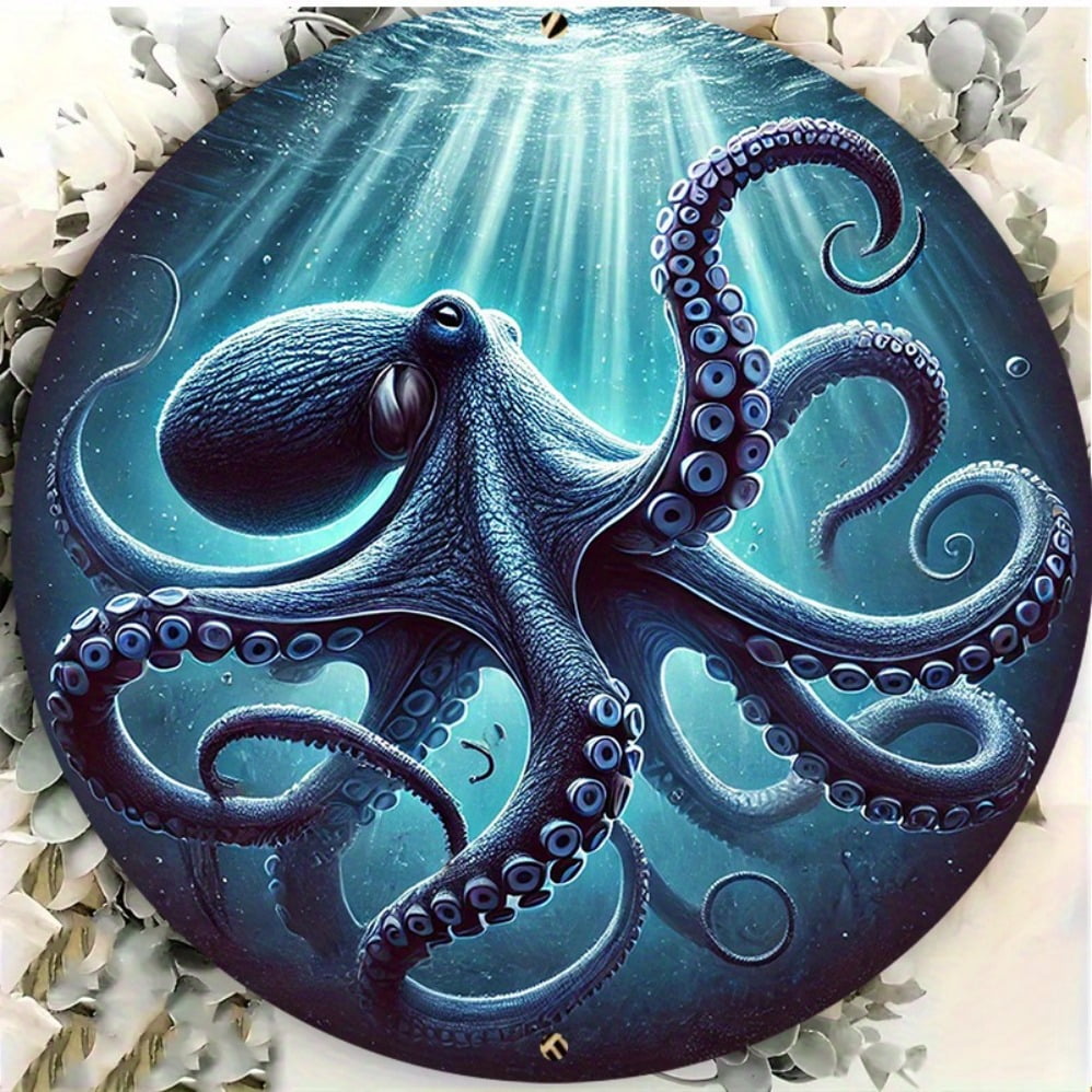 HELLOYOUNG Vintage Deep Sea Blue Octopus Round Tin Sign - 7.8×7.8inch ...
