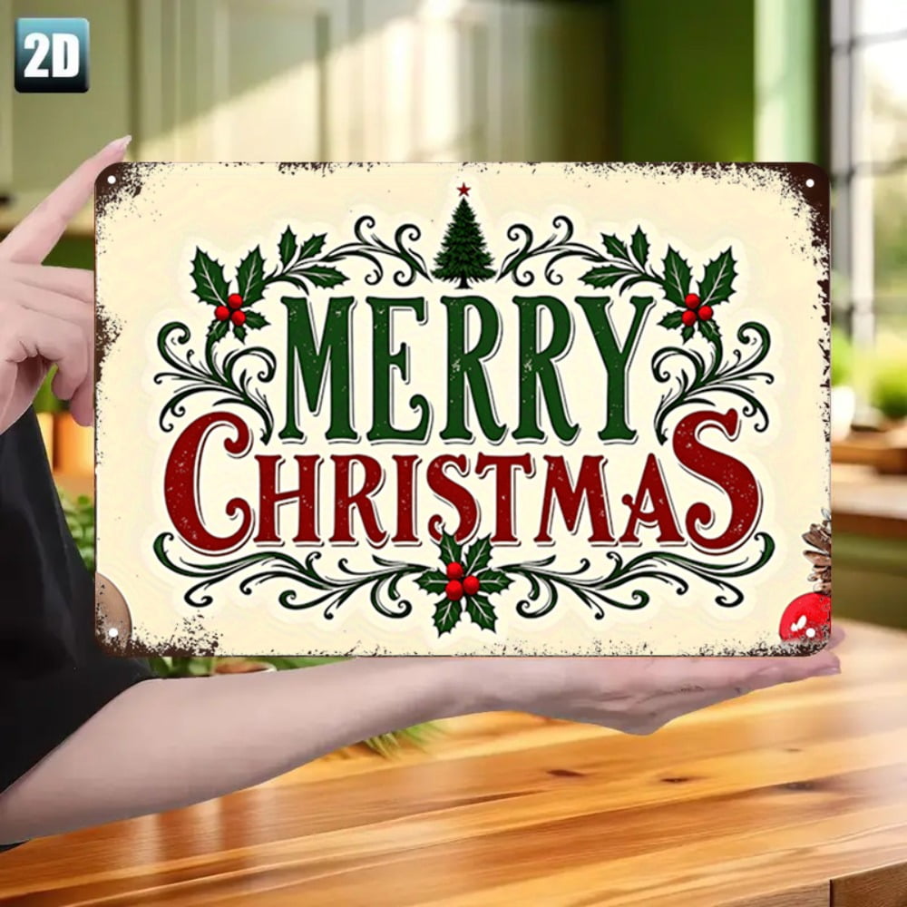 HELLOYOUNG Vintage Merry Christmas Metal Wall Sign, 8x12in, Holly ...