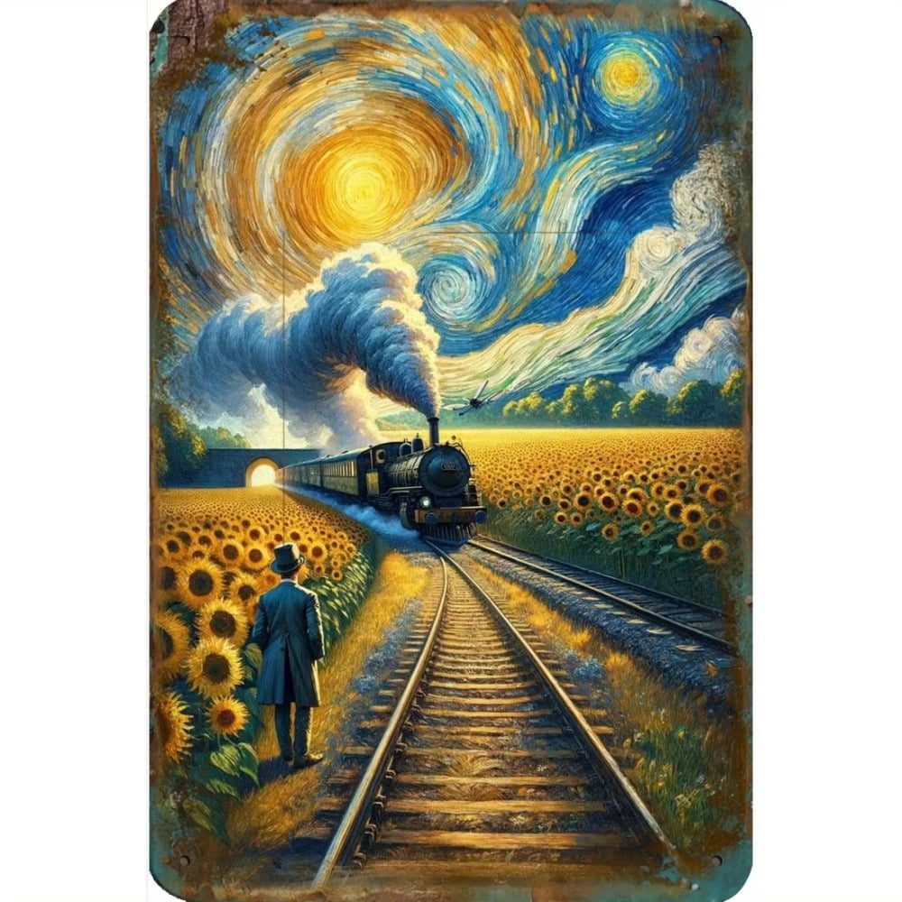 HELLOYOUNG Vintage Metal Wall Art 8x12 Inches Surreal Train in Starry ...
